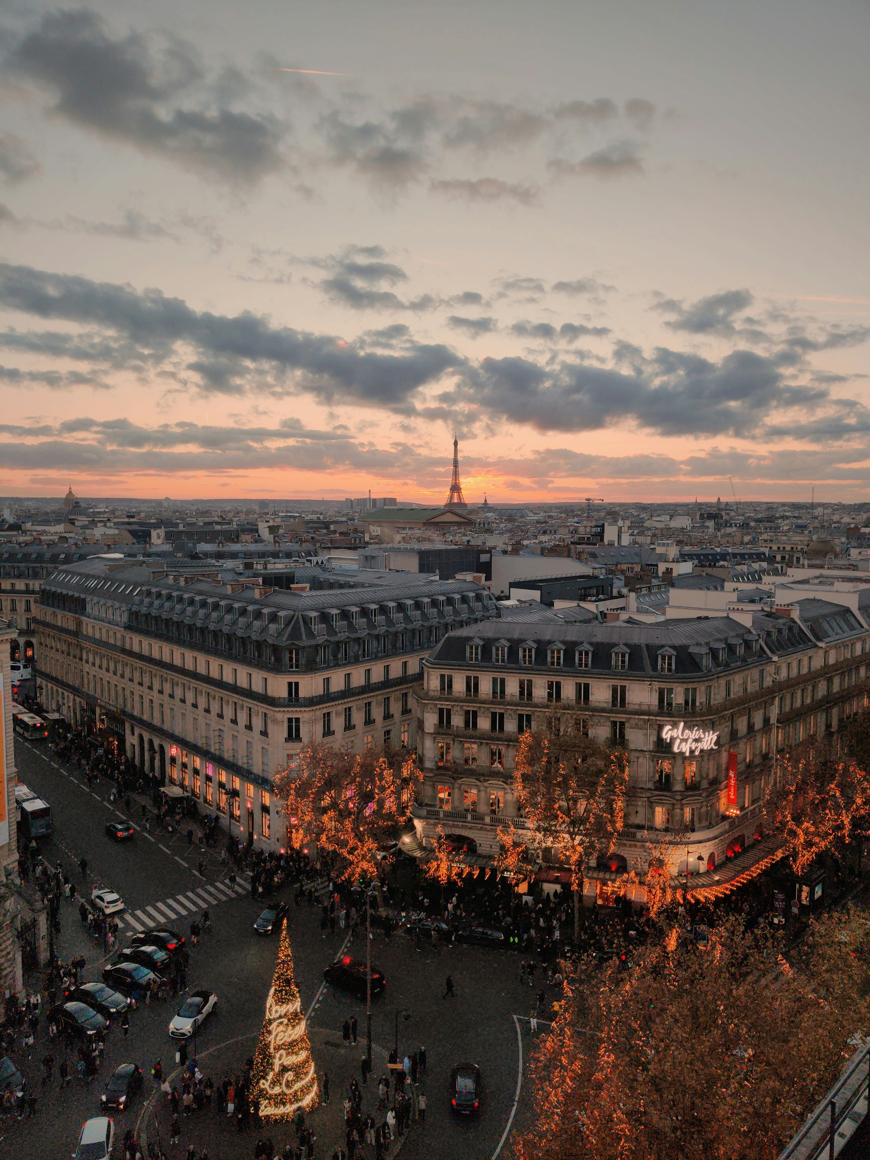 Paris at Dusk: Lighted Streets and a Glowing Christmas Tree