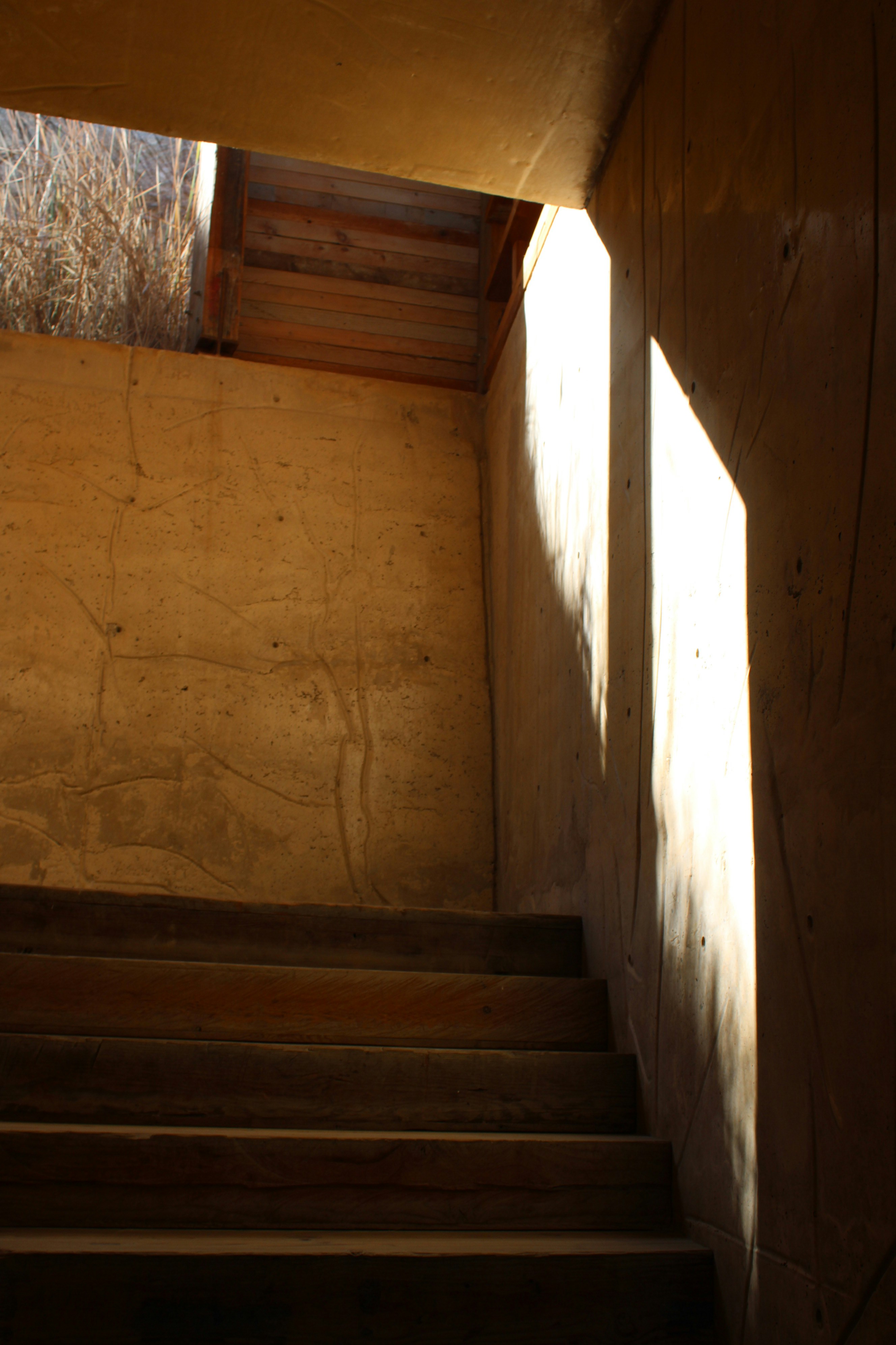 Sunlit stairwell with concrete walls casting strong vertical shadows along a right-side wall; warm glow highlights steps in a moody, architectural interior.