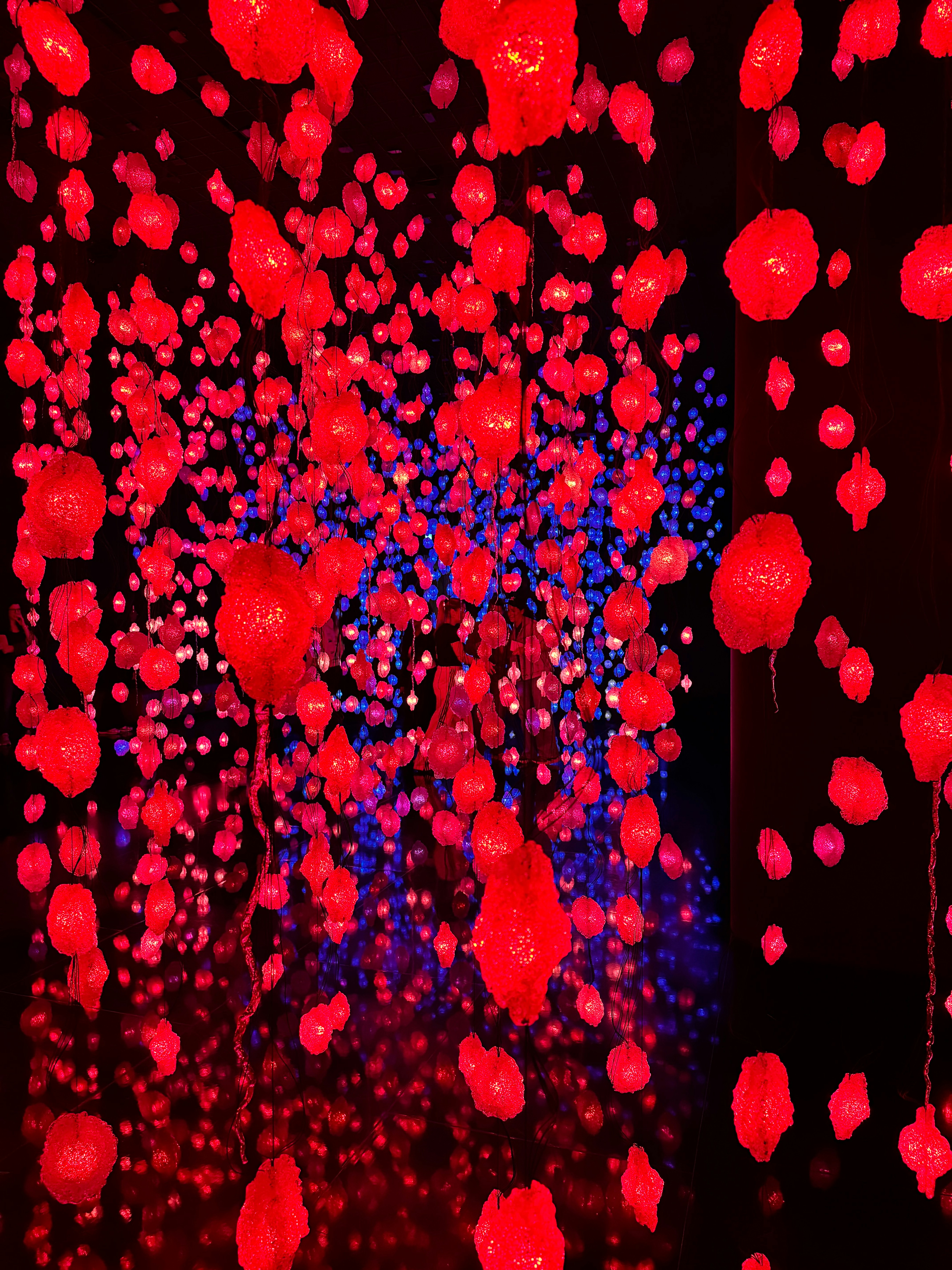Floating Red Orbs: An Immersive Neon Shower