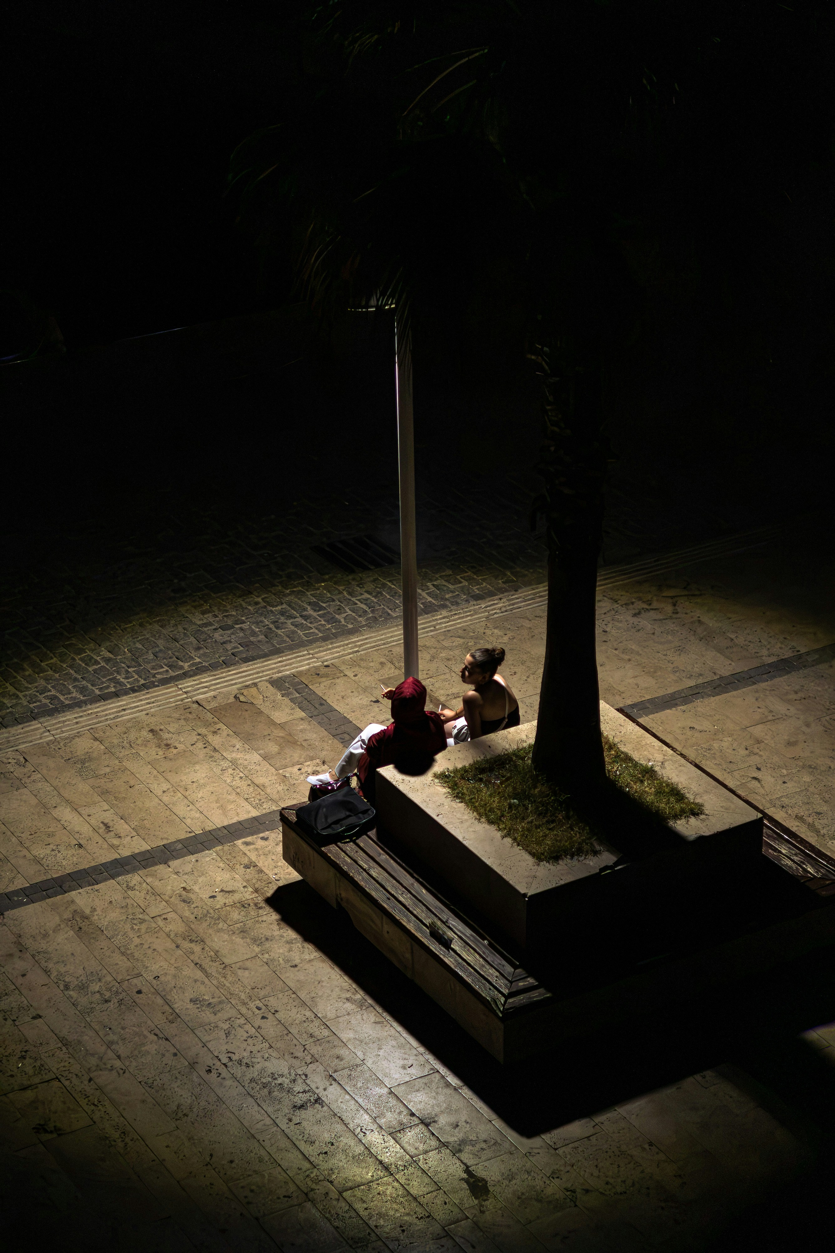 Nighttime Courtyard Self: Two Figures Beneath a Lantern on a Planter Arbor