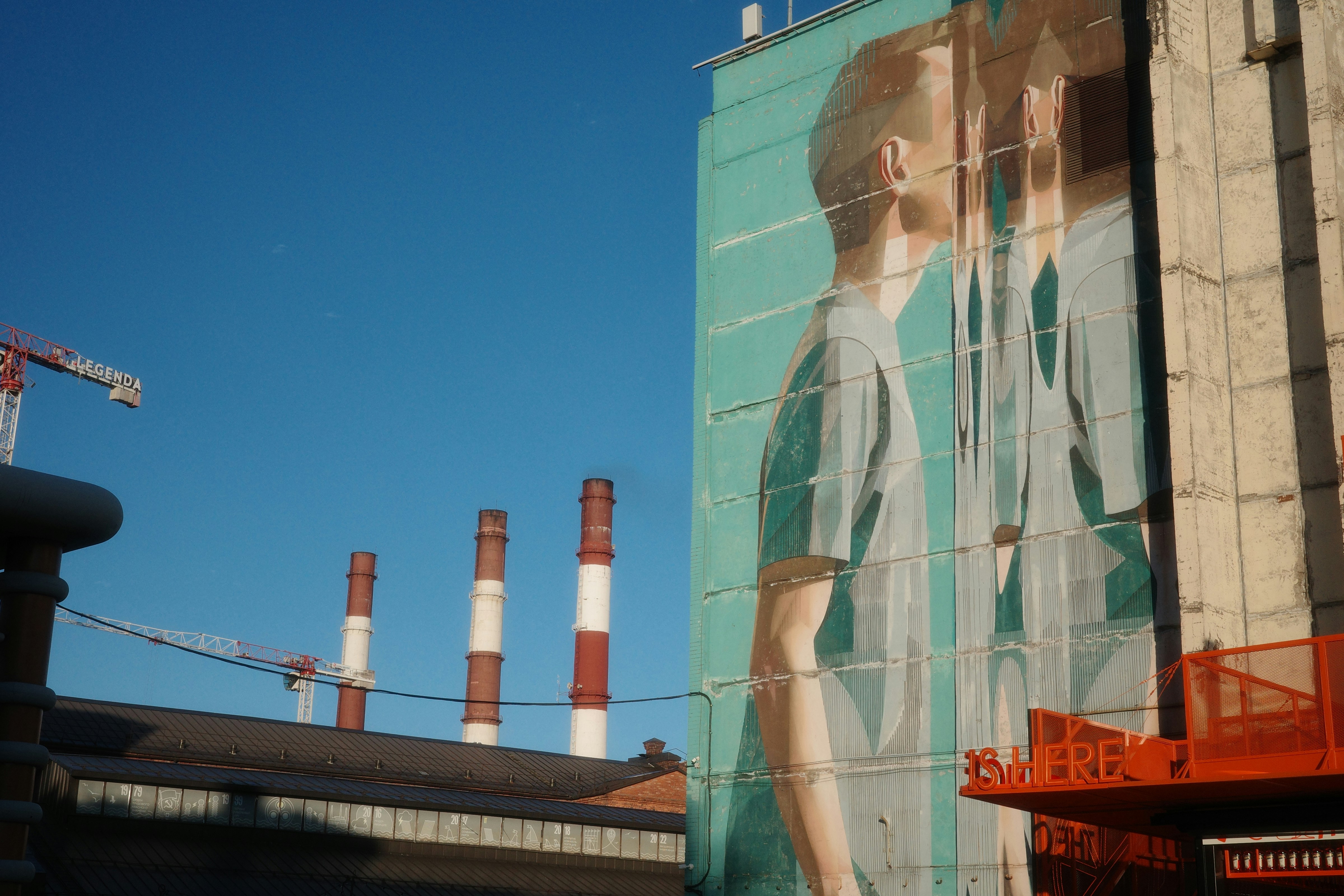Factory mural: A Giant Portrait Adorns a Construction-Walled Facade