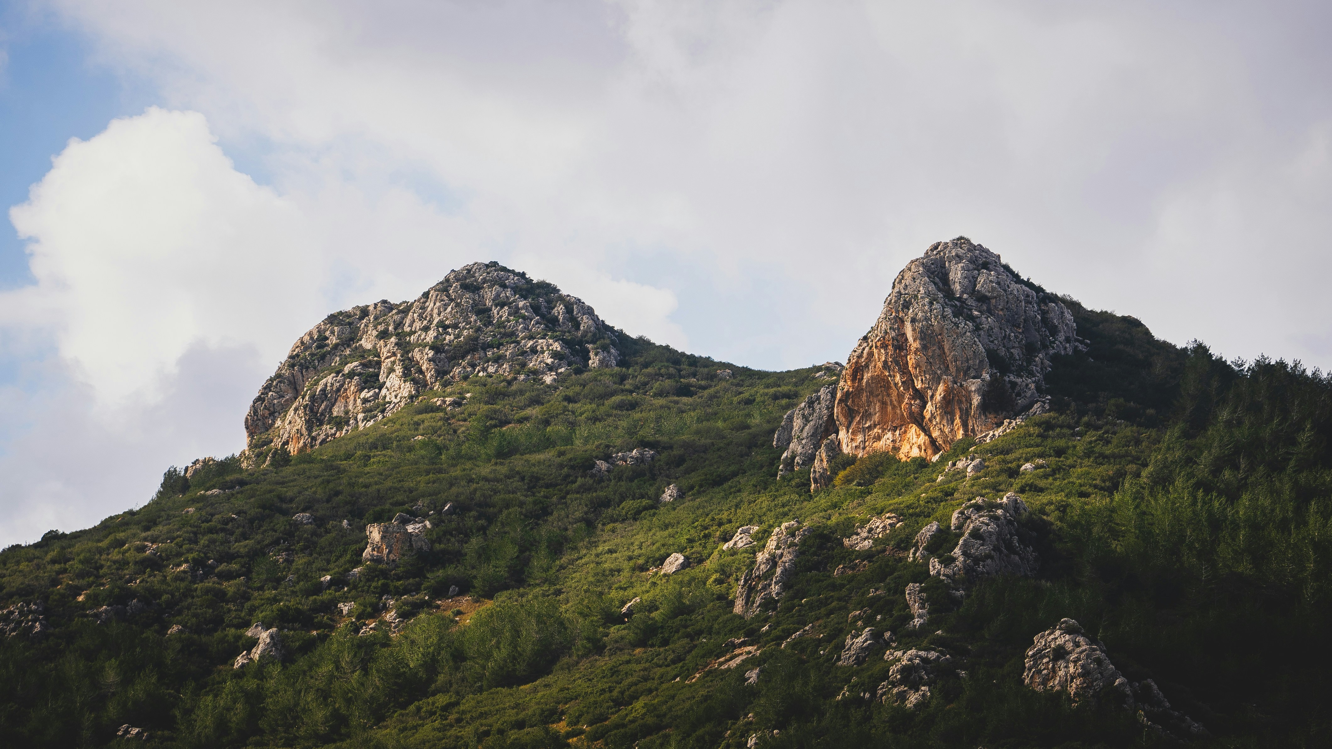 Sunlit jagged peaks rise above a green hillside, with a mix of rocky outcrops and sparsely forested slopes.