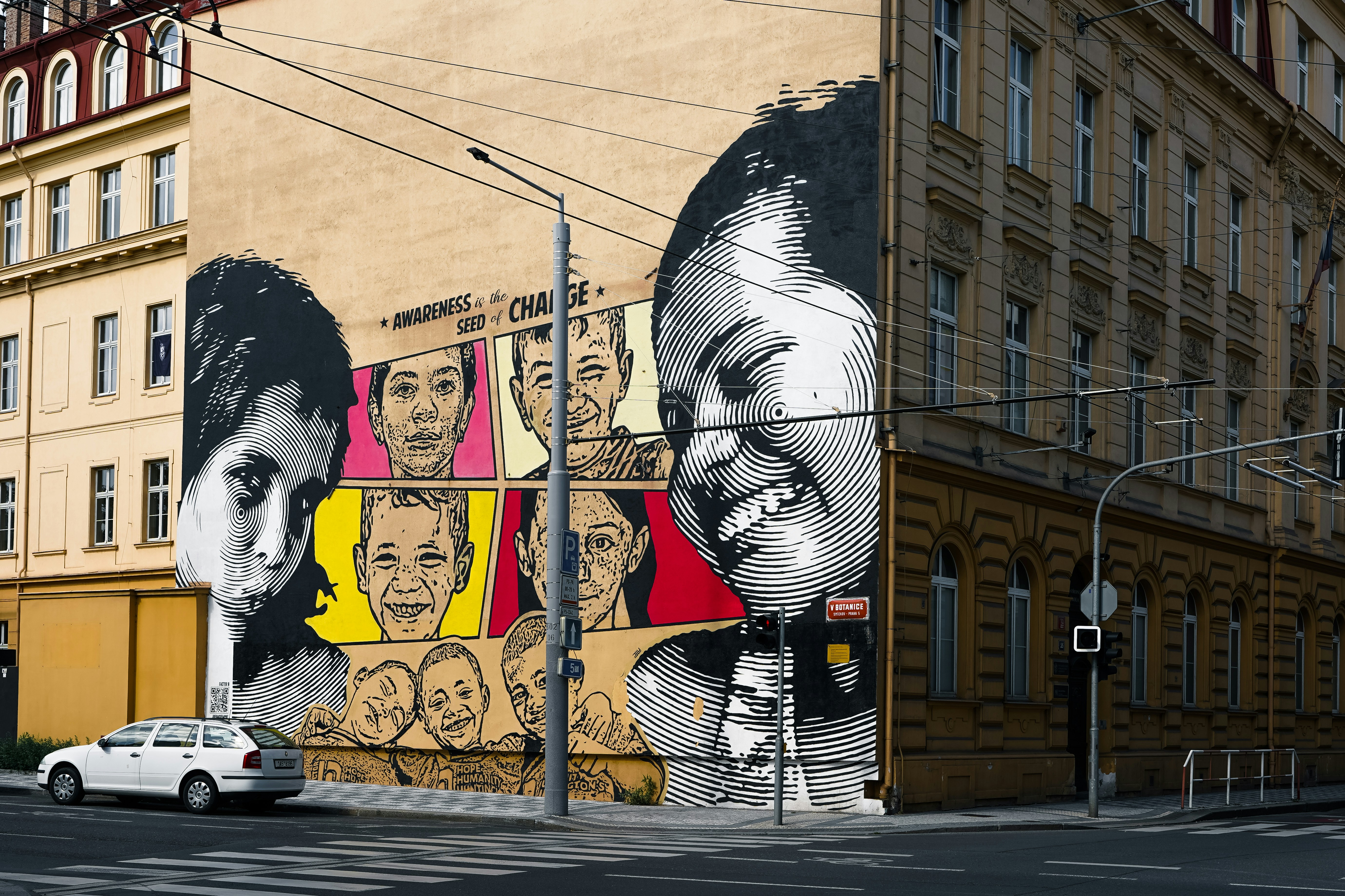 Urban mural: Faces of a City on a Corner Wall