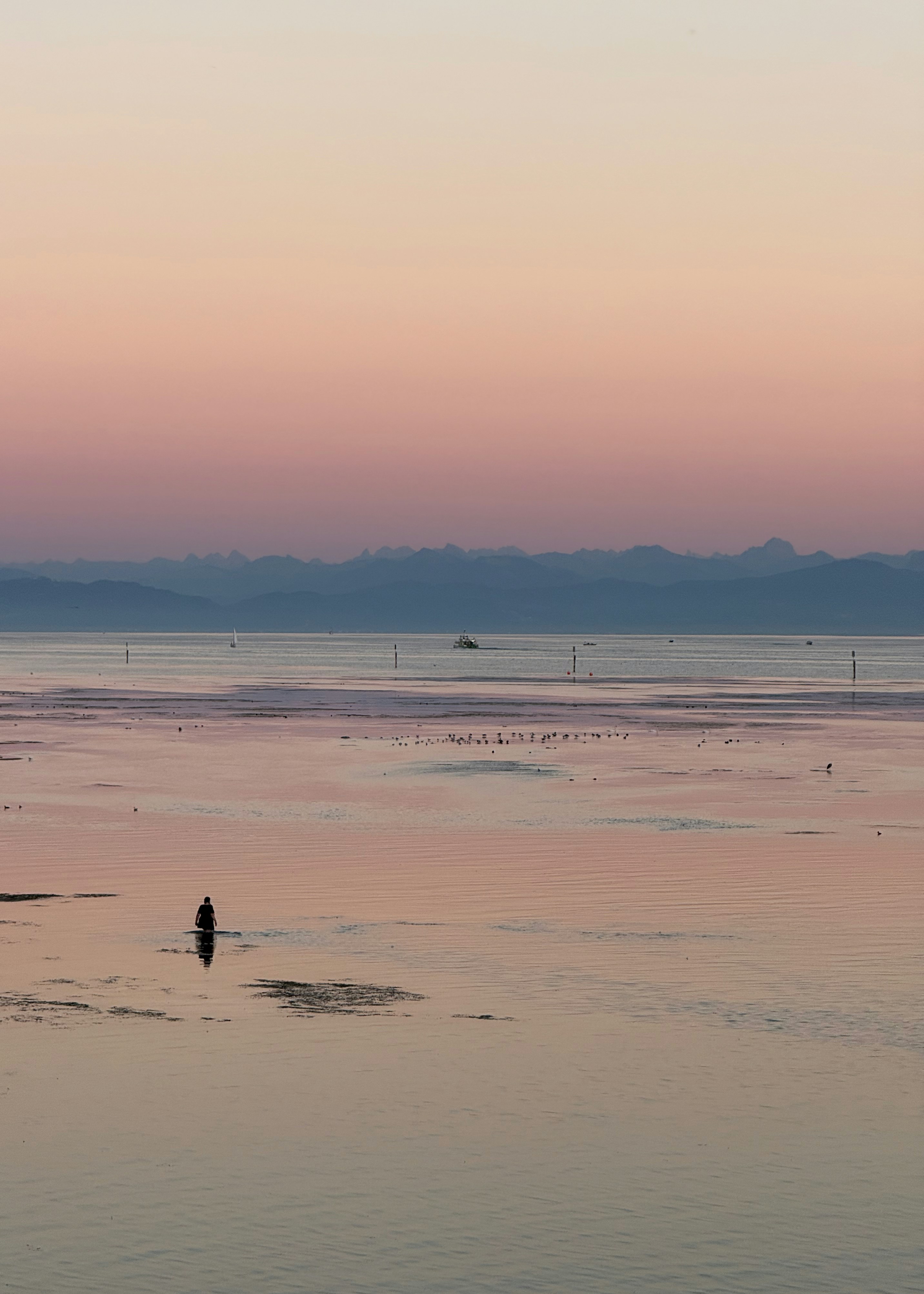 Pastel Tide: solitary figure in a quiet harbor of dusk