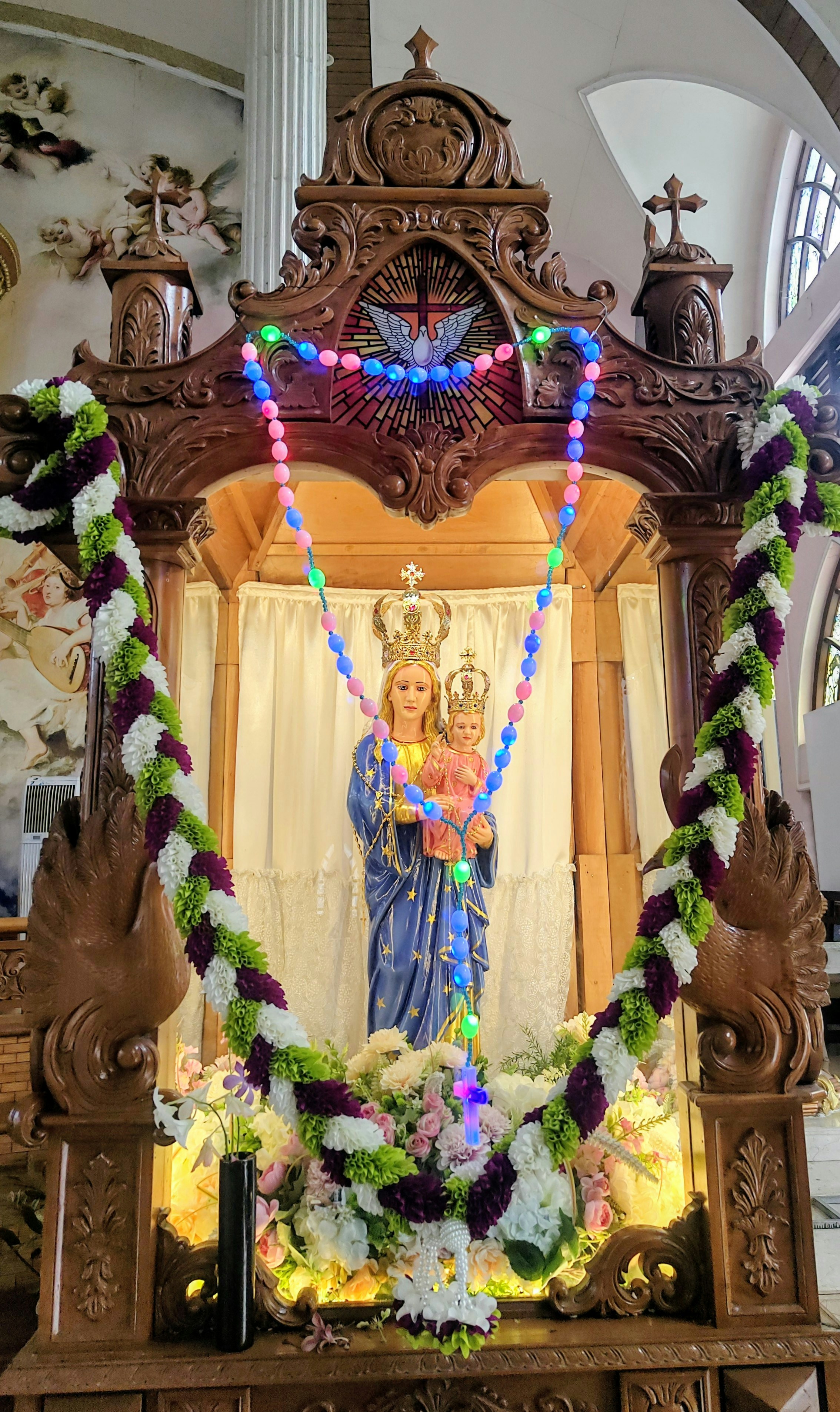 Votive Shrine in Warm Carved Wood Framing