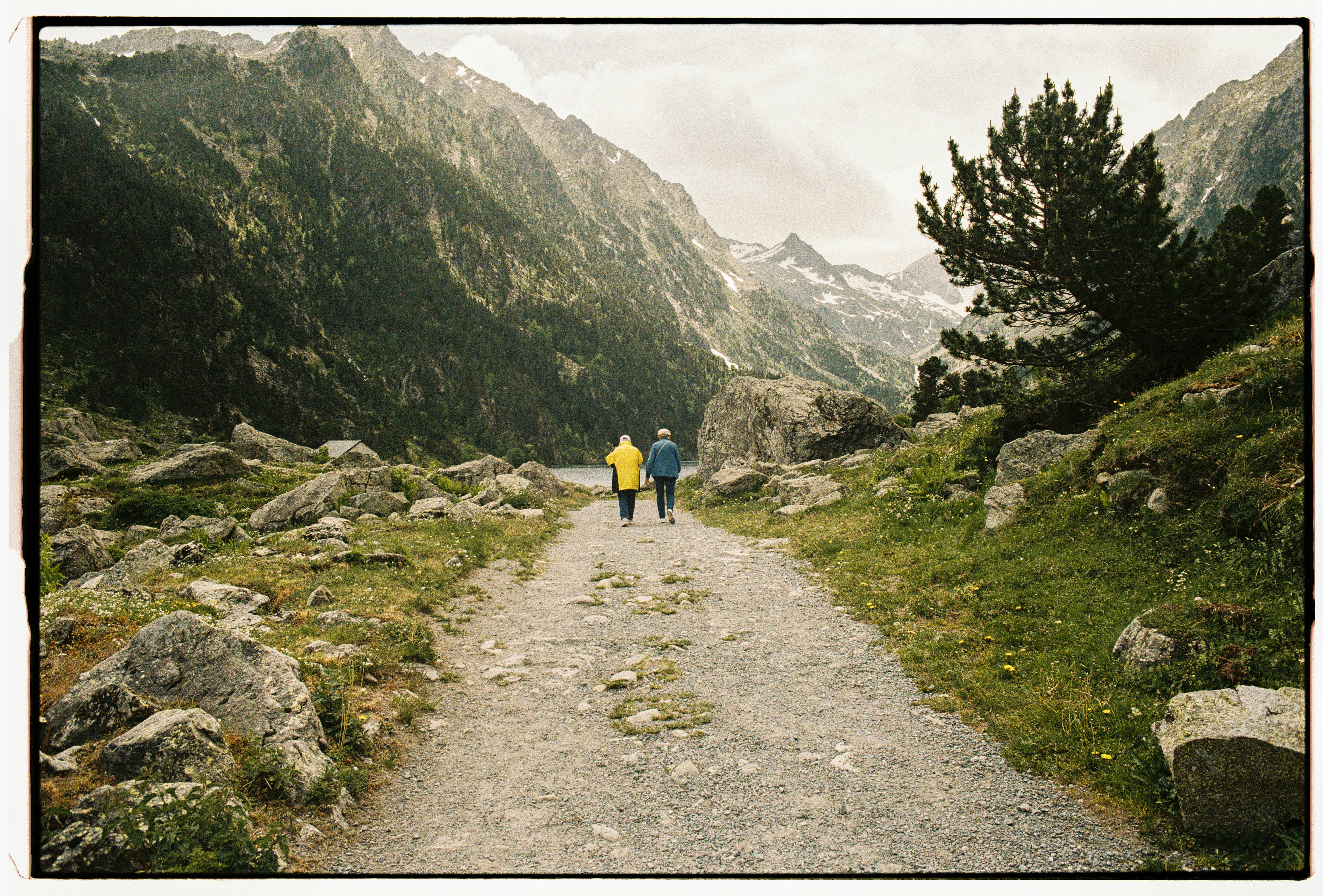 Two Hikers Among Mountain Scrub Along a Pebble Path
