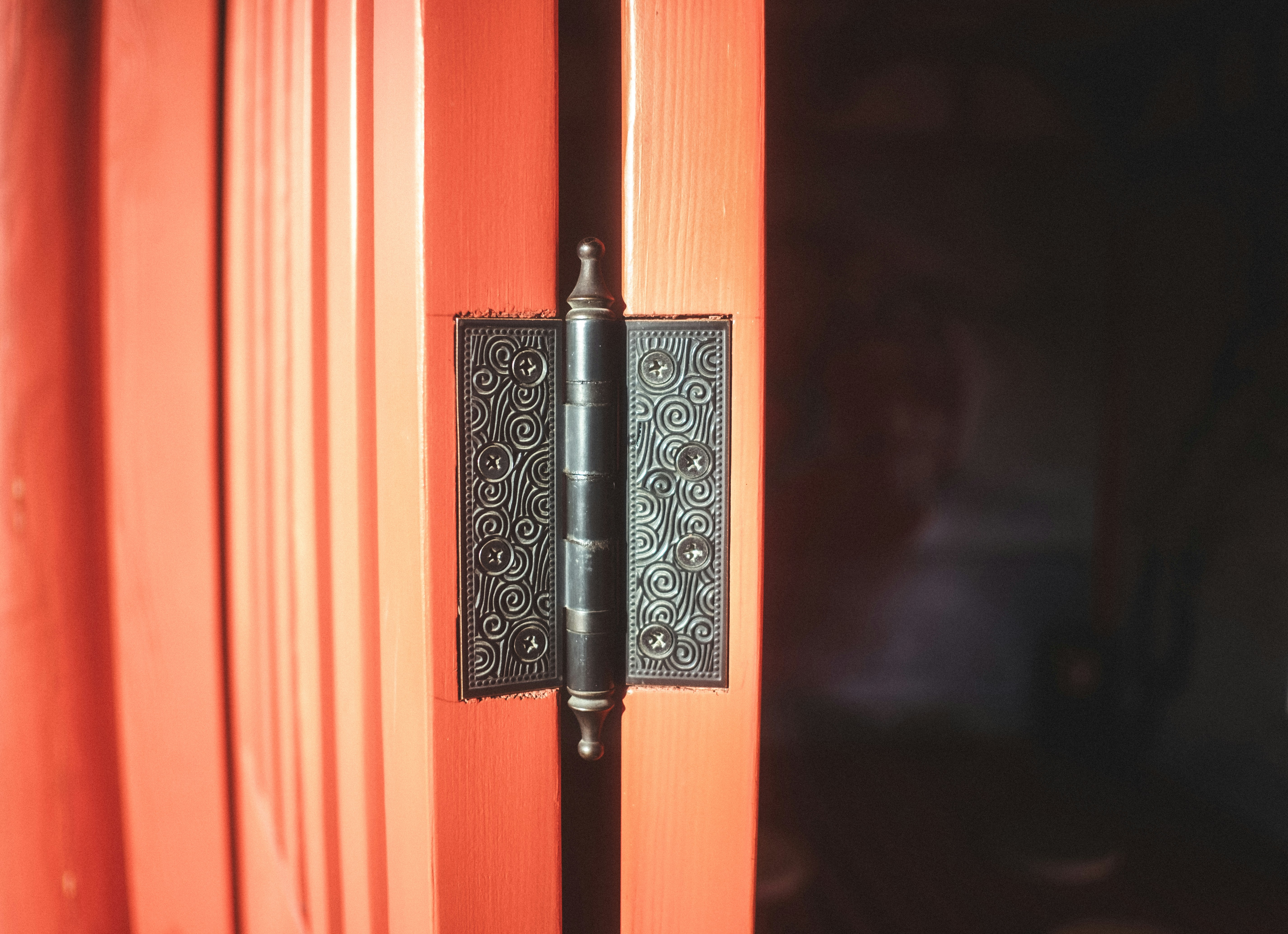A Red Door with Ornate Hinge: Quiet Entry into Darkness