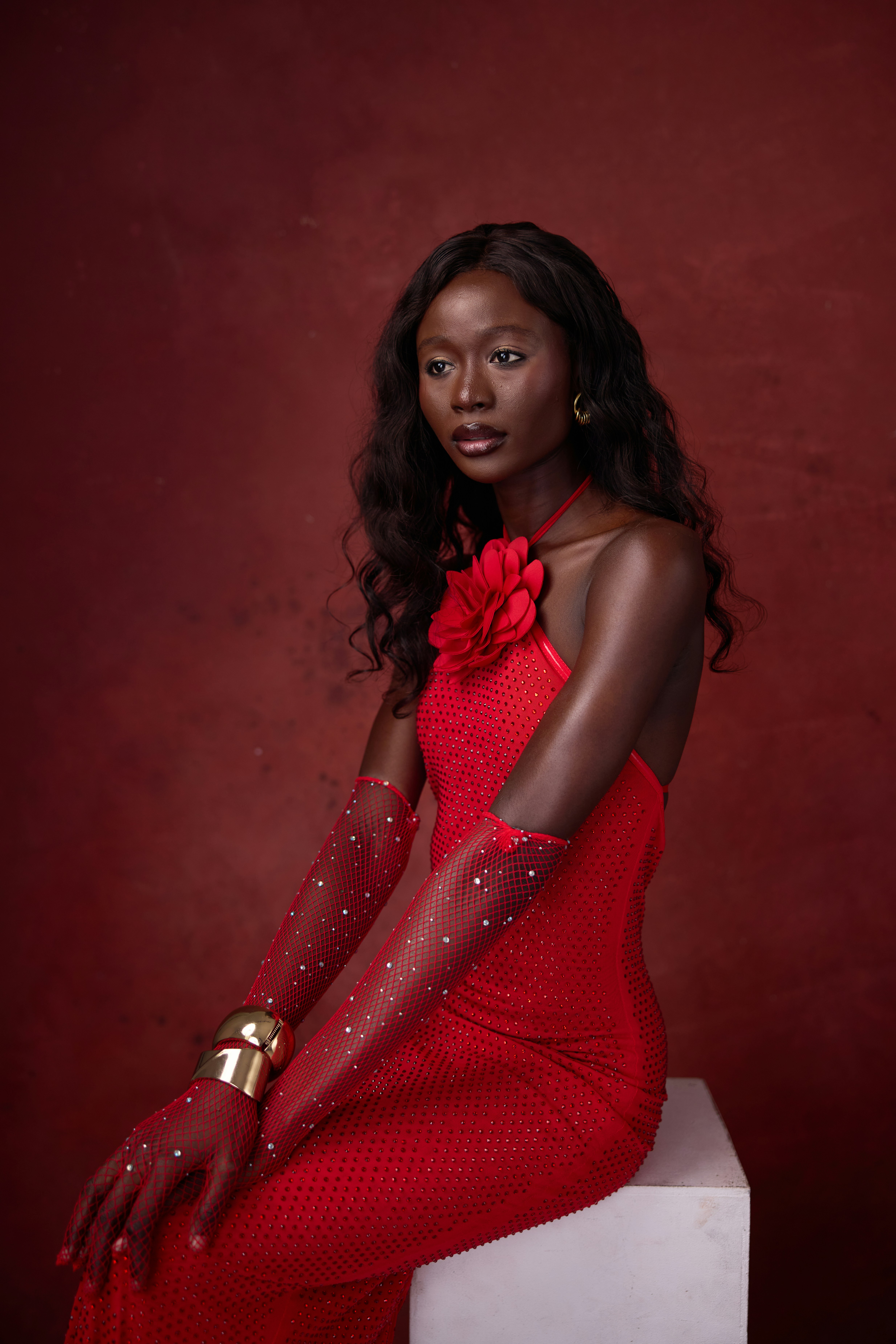 Crimson Velvet: A Poised Portrait in Deep Red