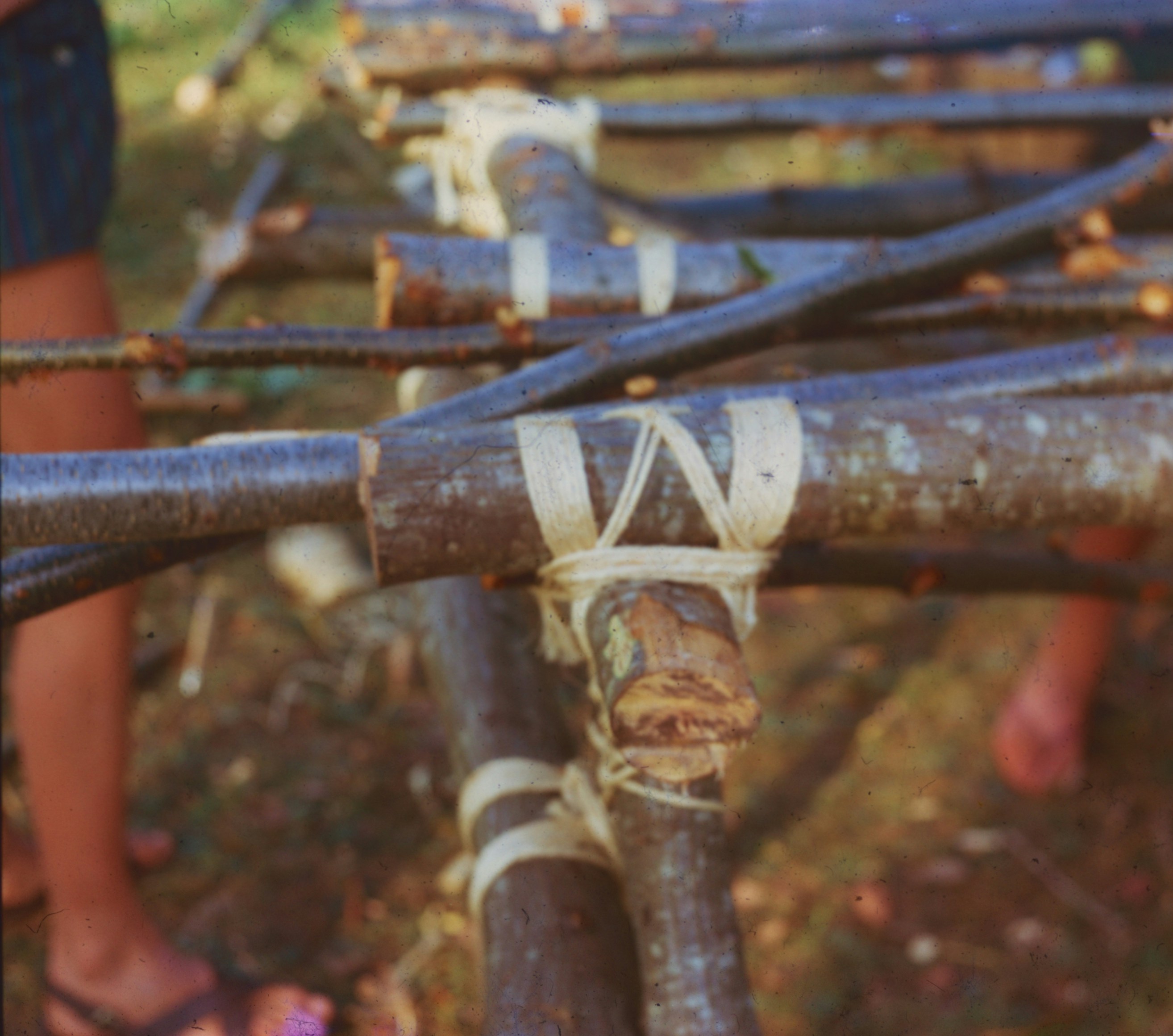 Rope-bound frames: a weathered sculpture of bamboo and twine