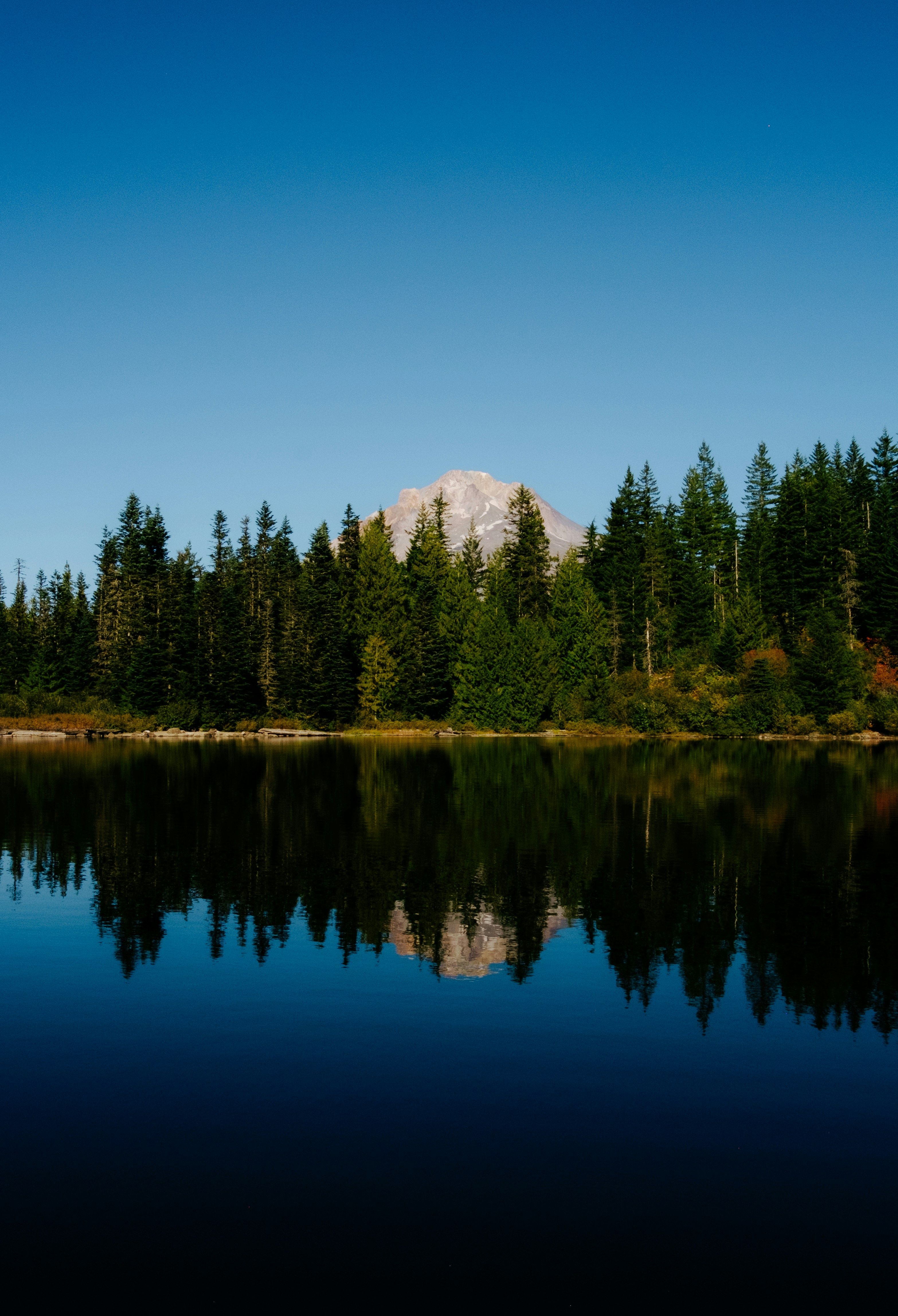 Peak in the Pines: Mountain Silhouette Over a Glassy Lake