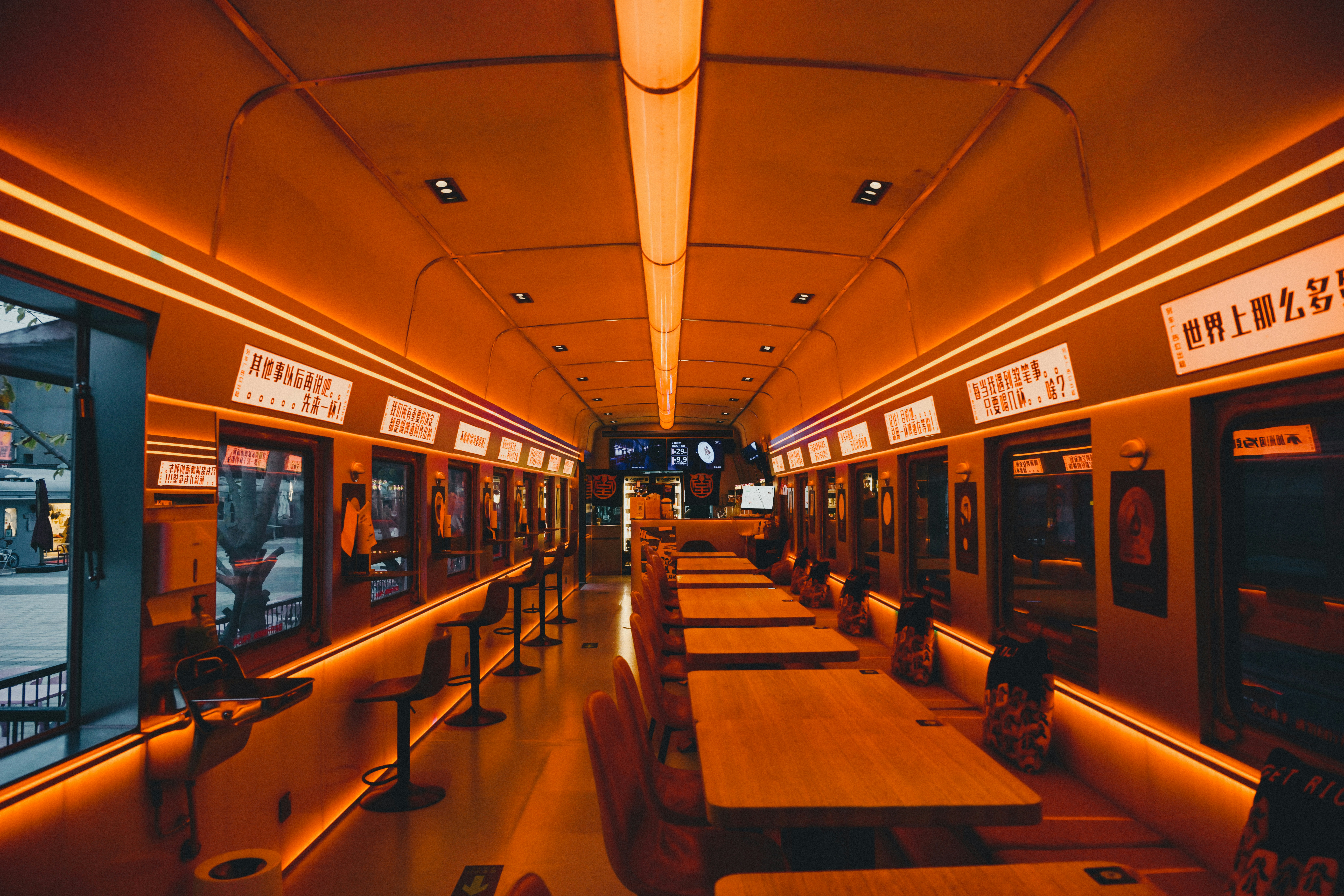 Warm Subway Oasis: Neon Amber Carriage at Grounded Noon