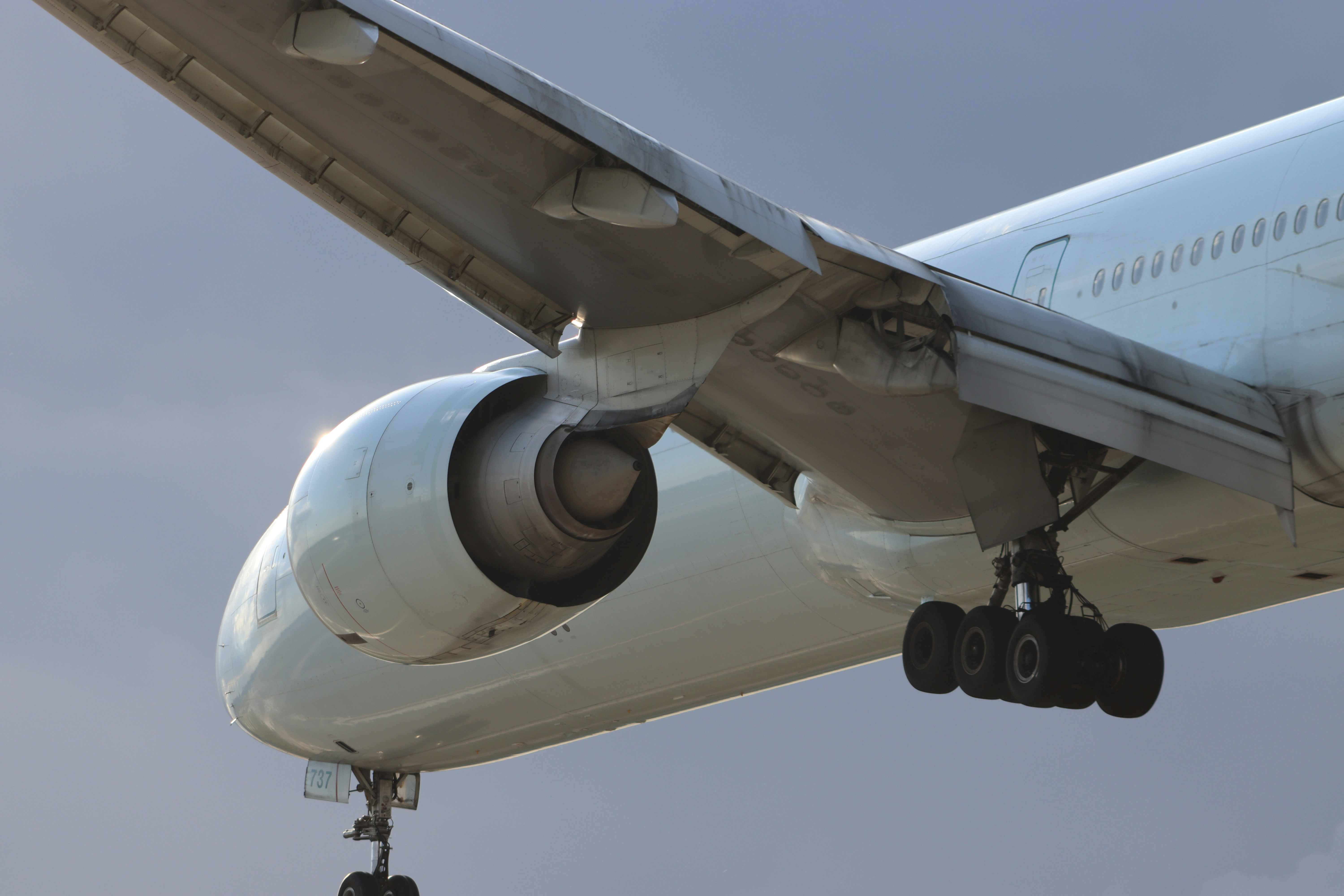Close-up view of a commercial aircraft's undercarriage with landing gear extended, showing a portion of the fuselage and engine nacelle against a cloudy sky.