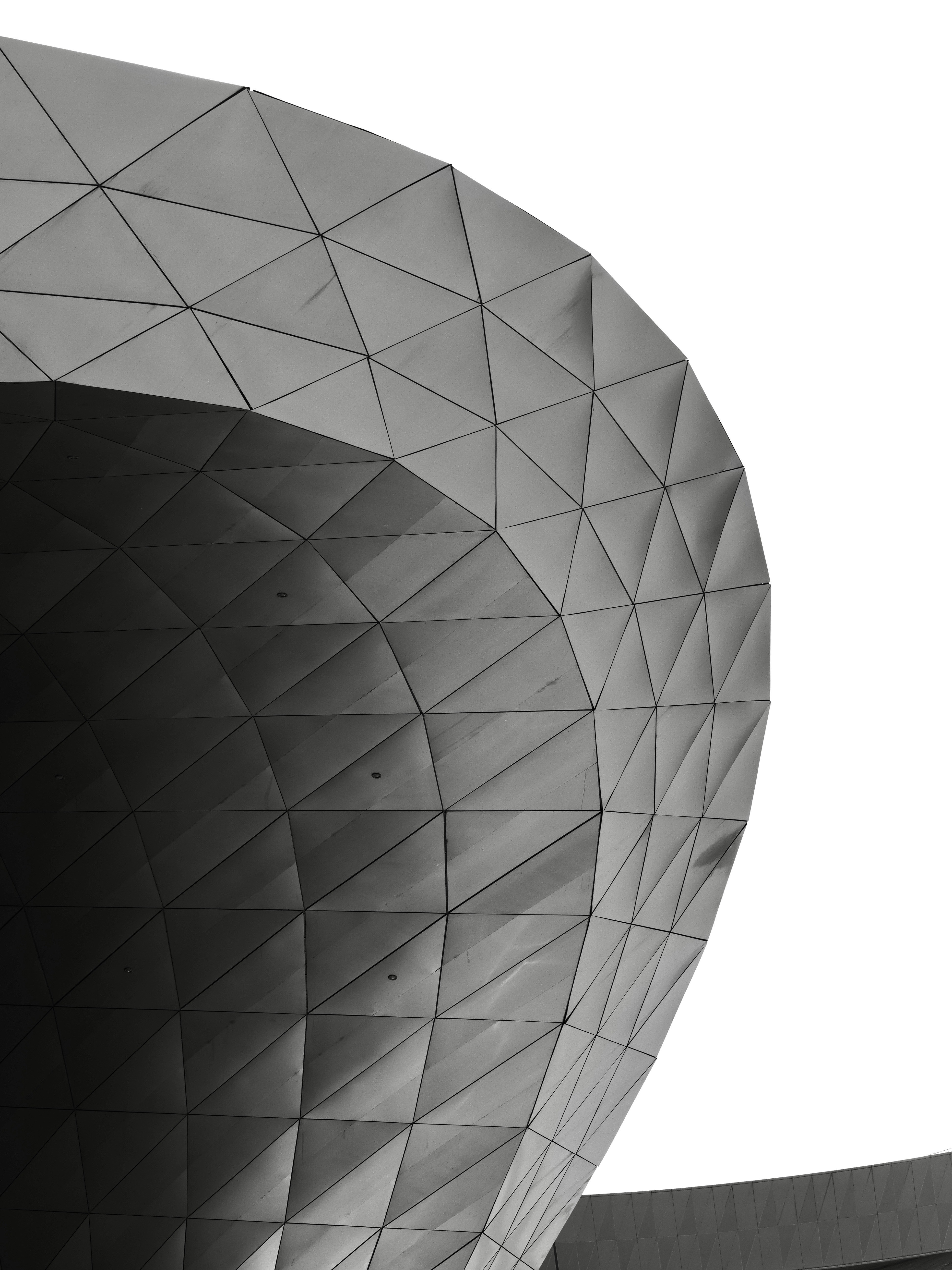 Monochrome close-up of a curved, tessellated architectural shell forming a sweeping arc; geometric triangles create a textured facade against a stark white sky.