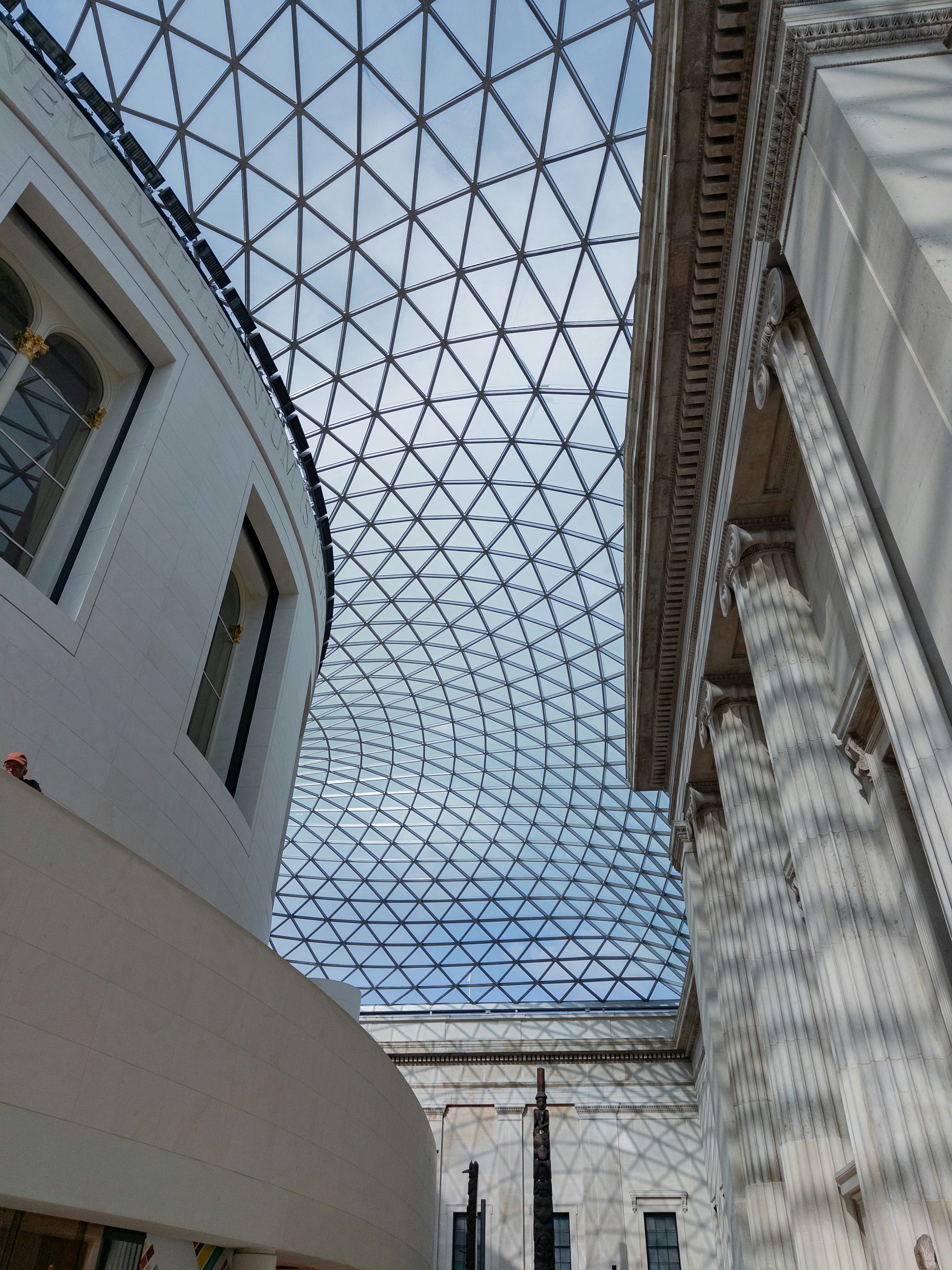 british museum, glass, triangle, triangles, glass roof, blue sky, clouds, stone, london,