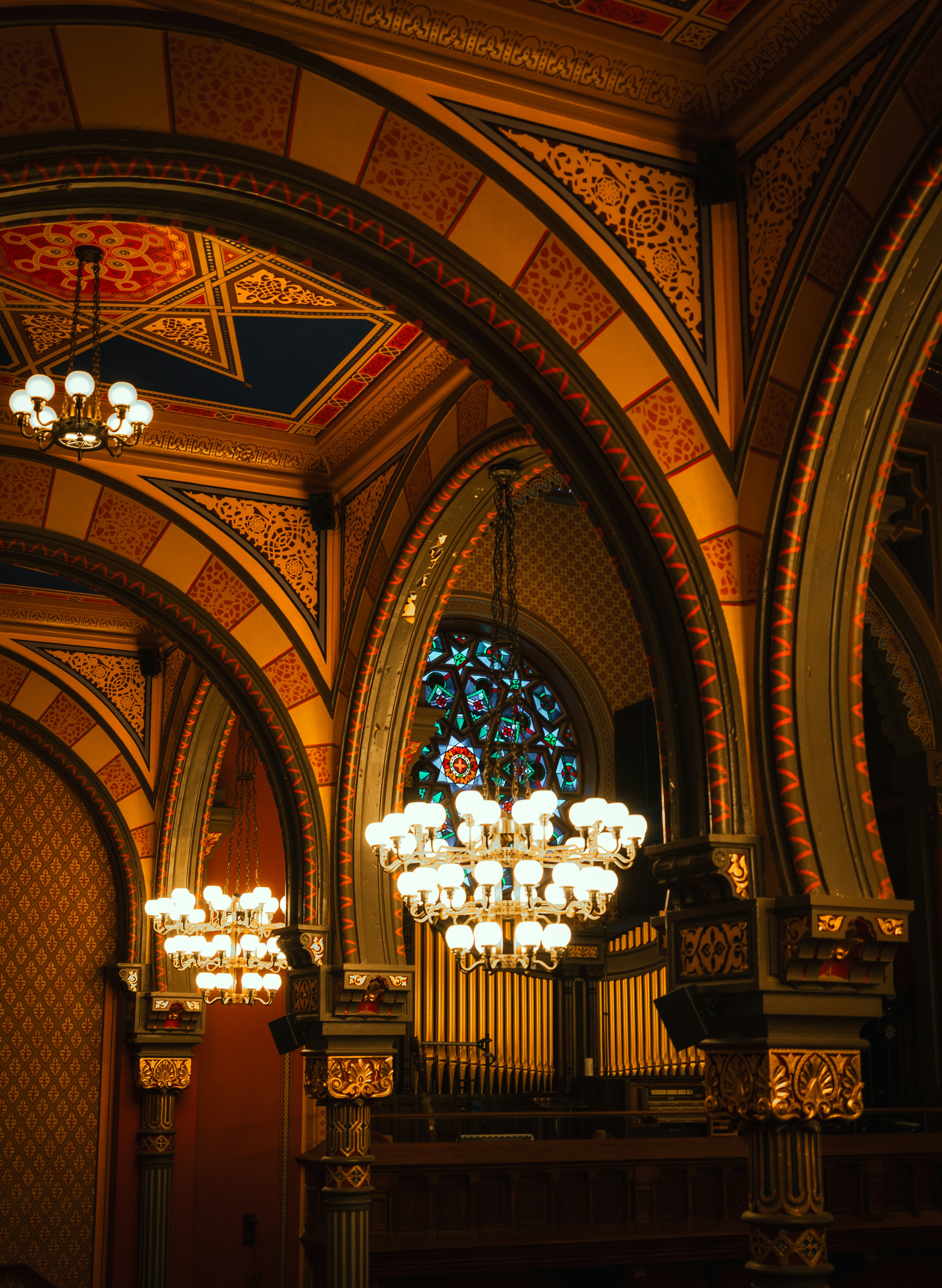 Aura of Echoes: A Gold-Soaked Hall of Chandeliers