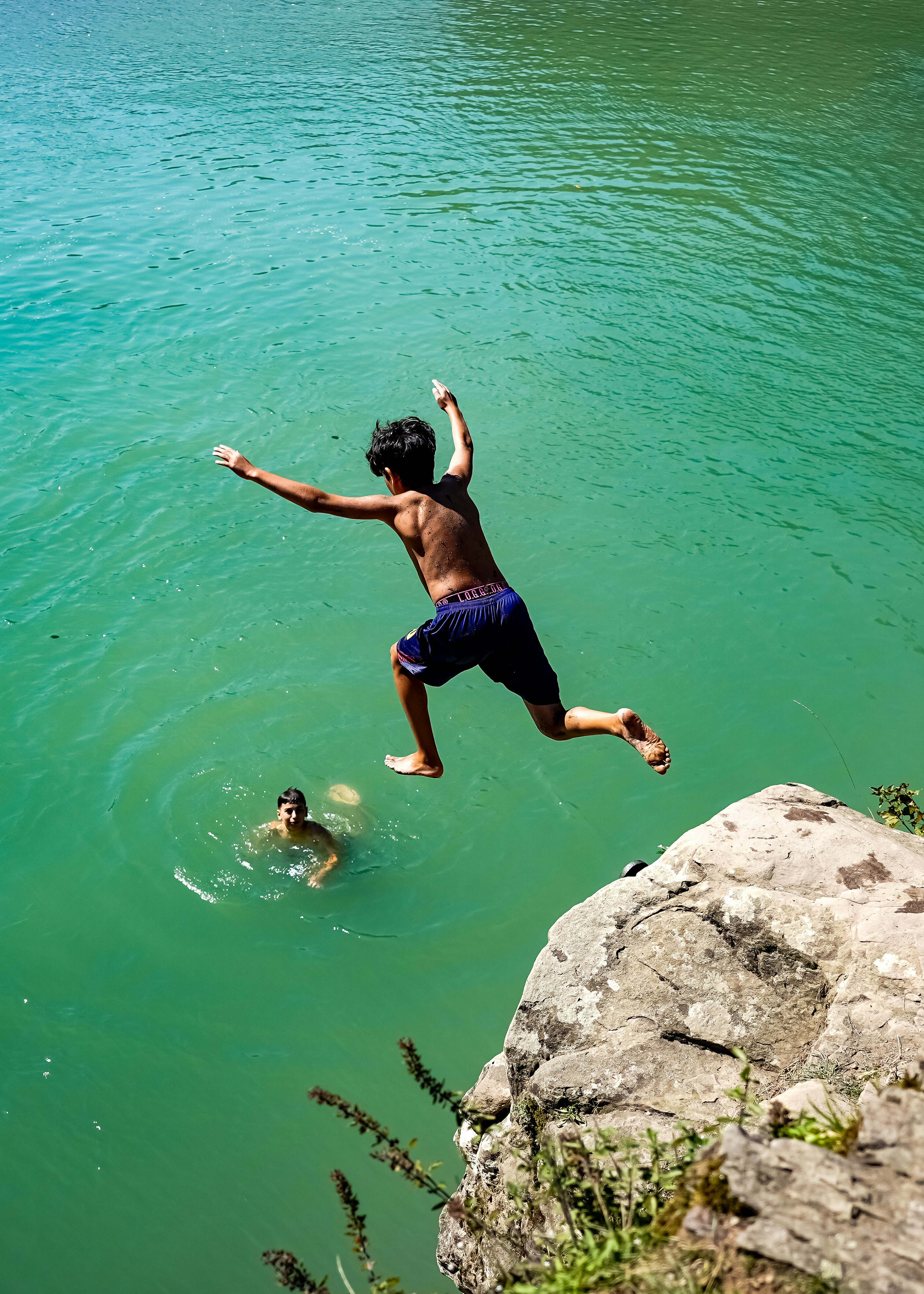 Leap into Green Depths: A Summer Splash from the Cliff