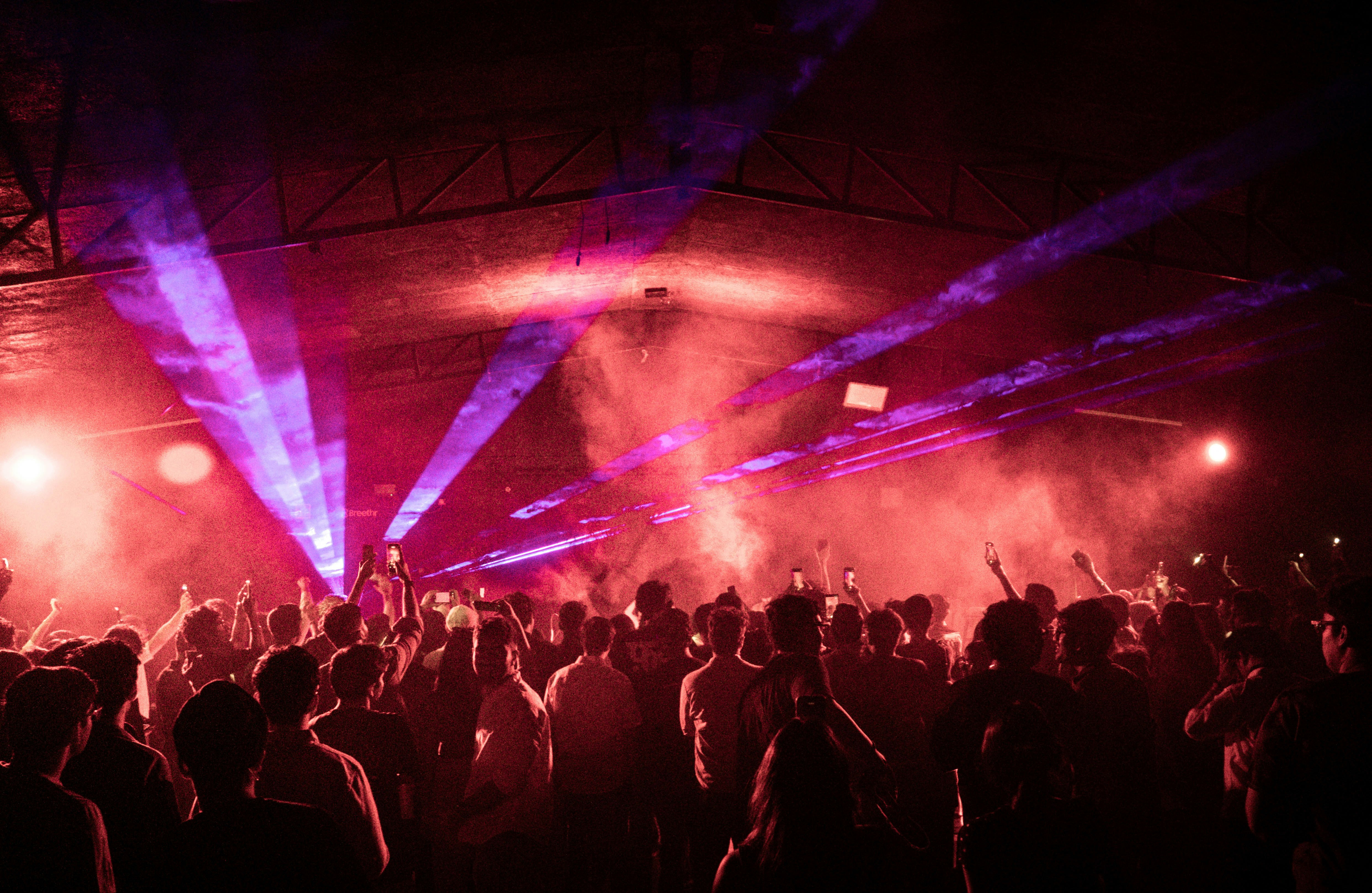 Crowd of silhouette concertgoers under vibrant purple and red beams; hazy stage lighting emphasizes movement and energy in a packed venue.