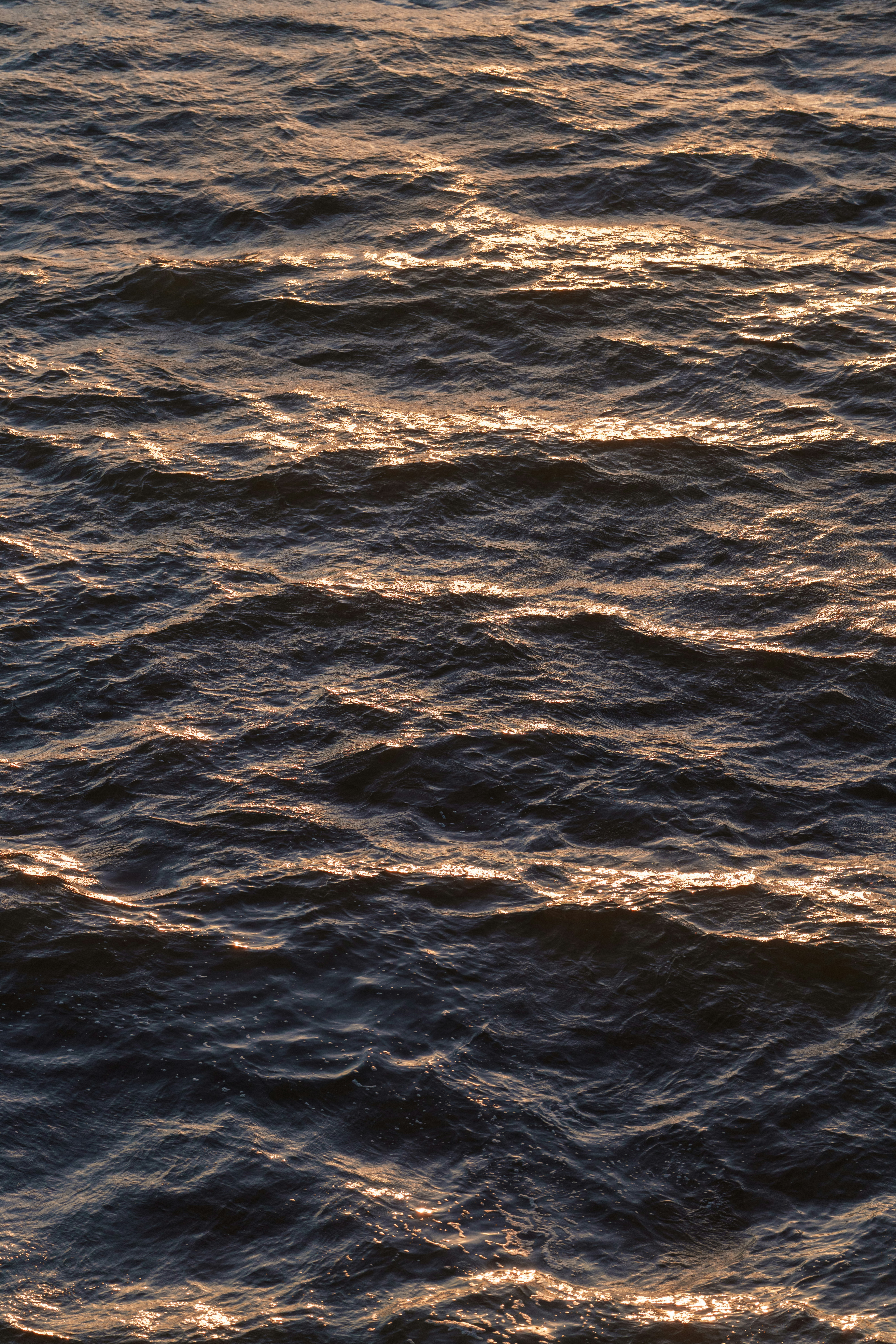 Rough sea surface bathed in warm sunset light, revealing textured crests and ripples across the water.