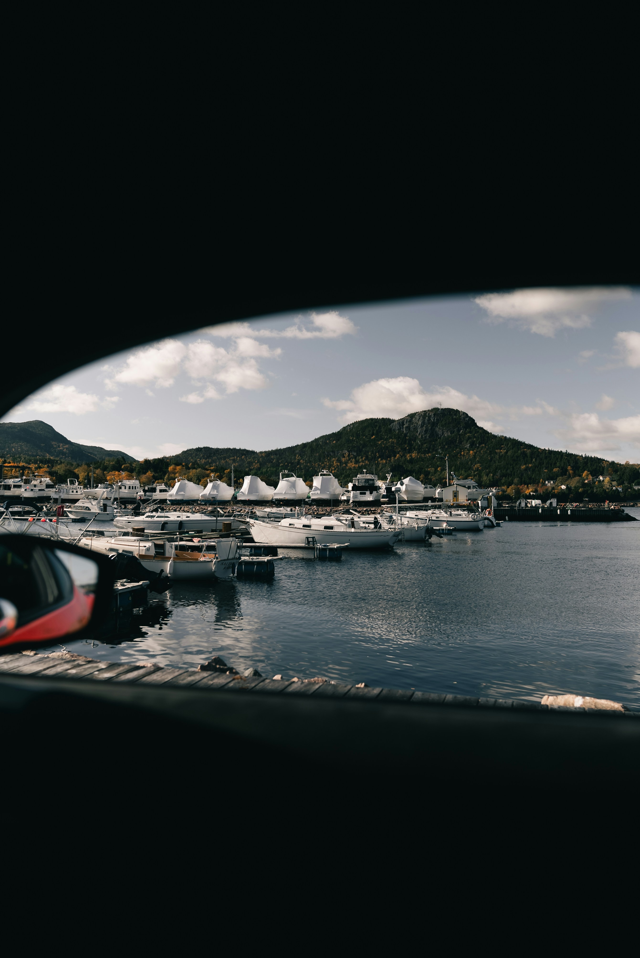 Harbor scene with numerous boats docked along the water, framed by a rounded opening that curves across the top and bottom of the frame.