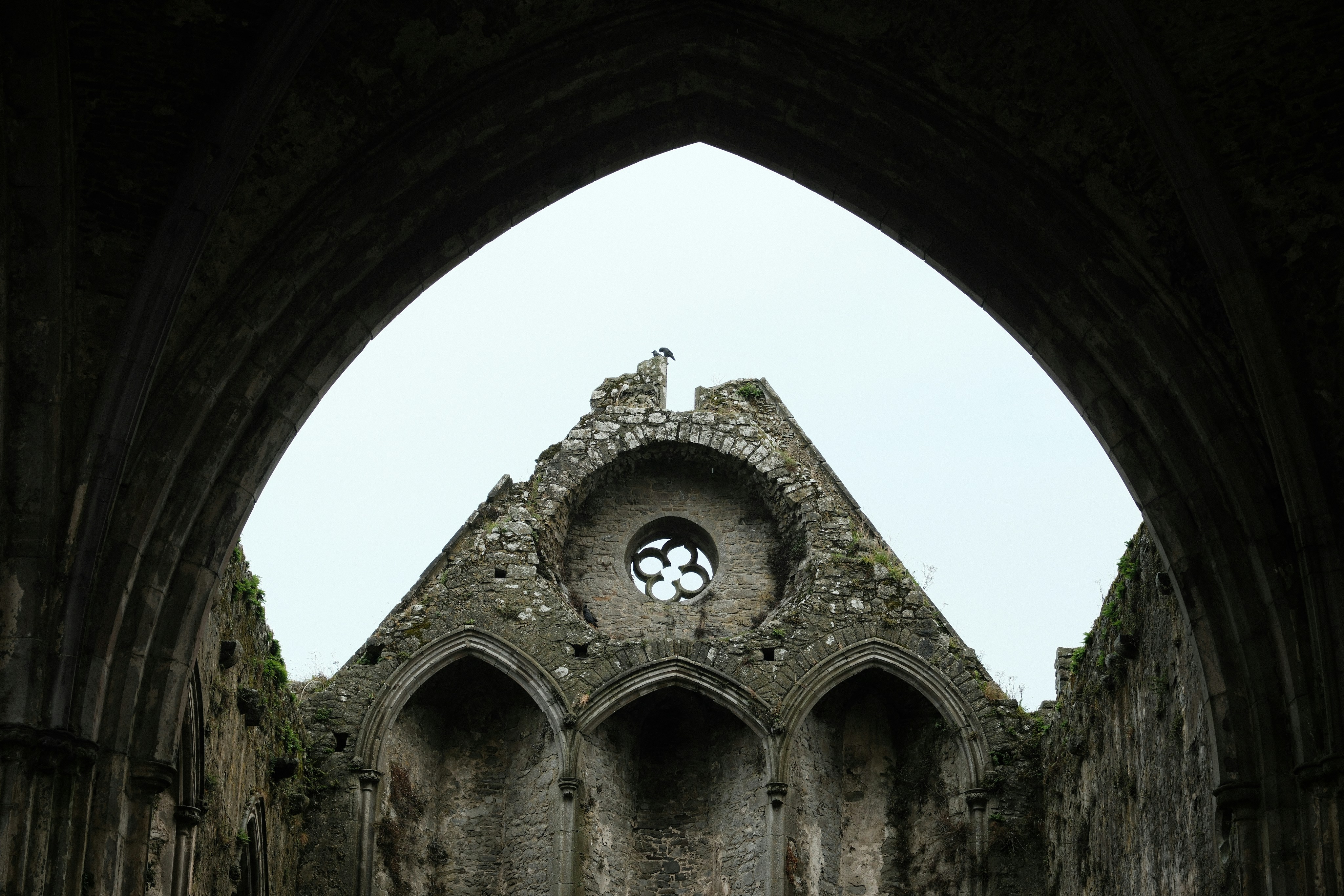 Ruinous Archway Framed by Gothic Window