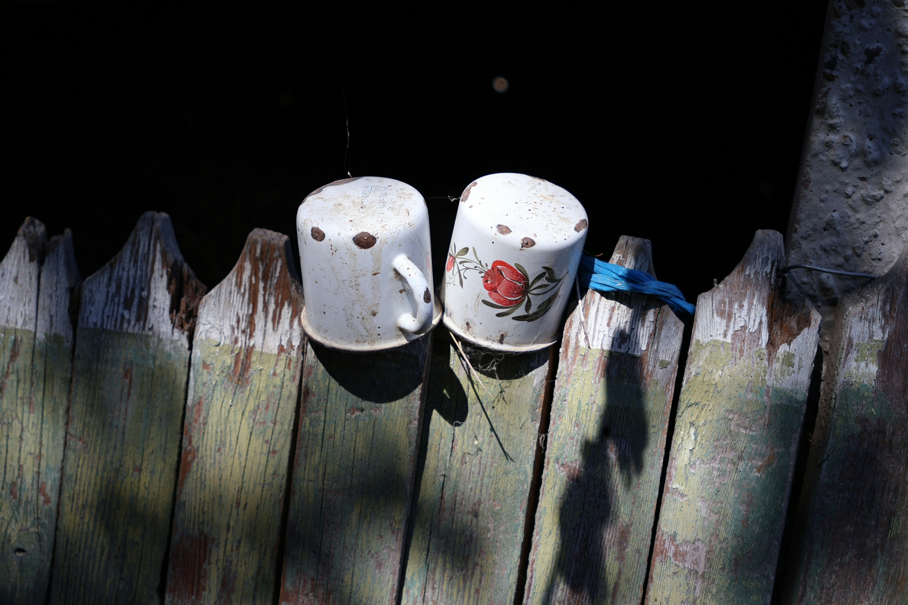 Two white mugs resting on a sunlit wooden fence with peeling paint, casting shadows and a hint of a rose design on one mug; a blue plastic cord and dark background imply a rustic outdoor scene.