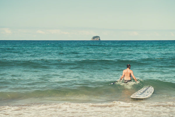 Person wading in calm ocean waters next to a surfboard with a distant island on the horizon.