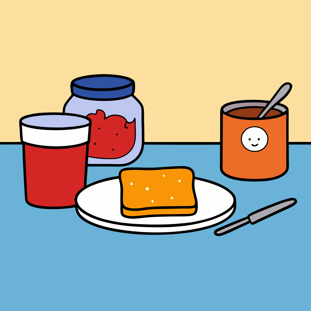 A plate of food and a jar of jam on a table vector – Free Breakfast ...