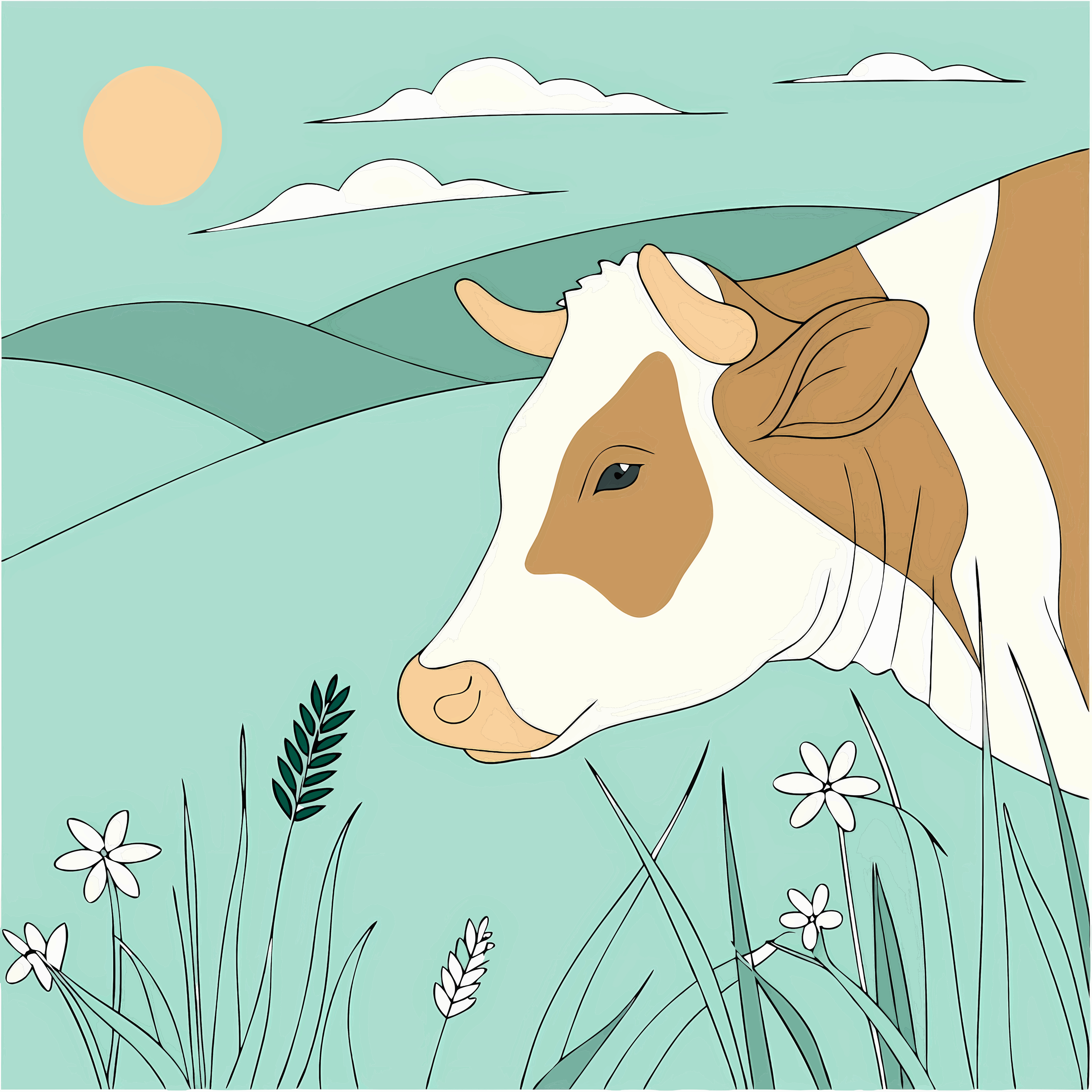 Vektor Seekor sapi coklat dan putih berdiri di atas ladang yang ...