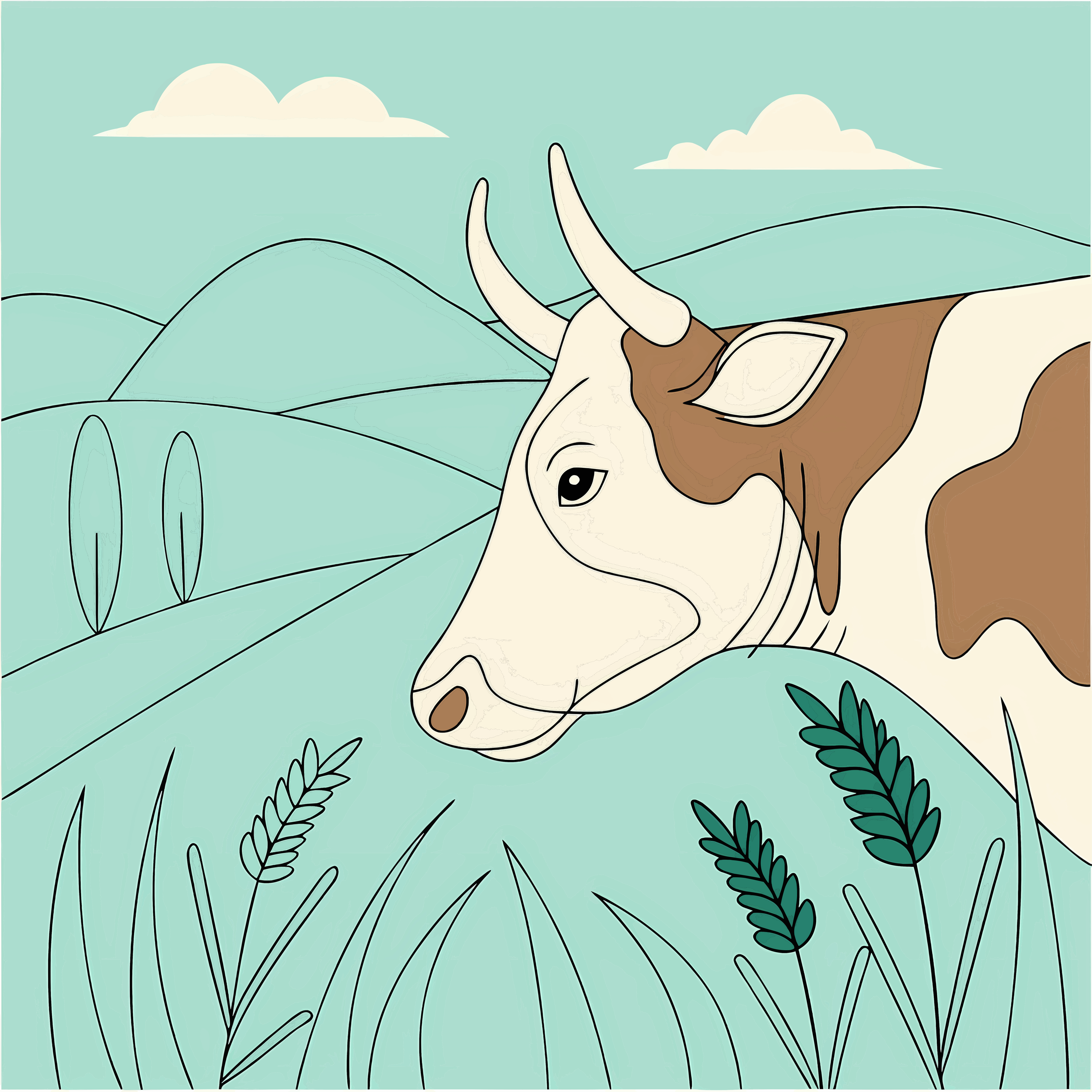 Vektor Seekor sapi coklat dan putih berdiri di atas ladang hijau yang ...