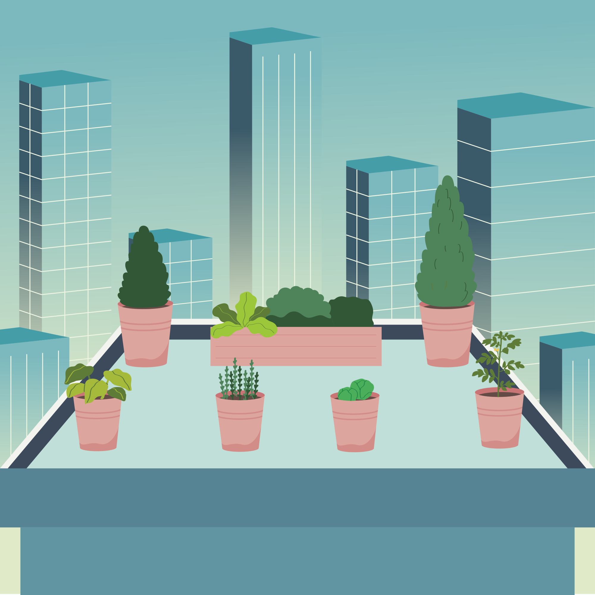 A balcony with potted plants and buildings in the background vector ...