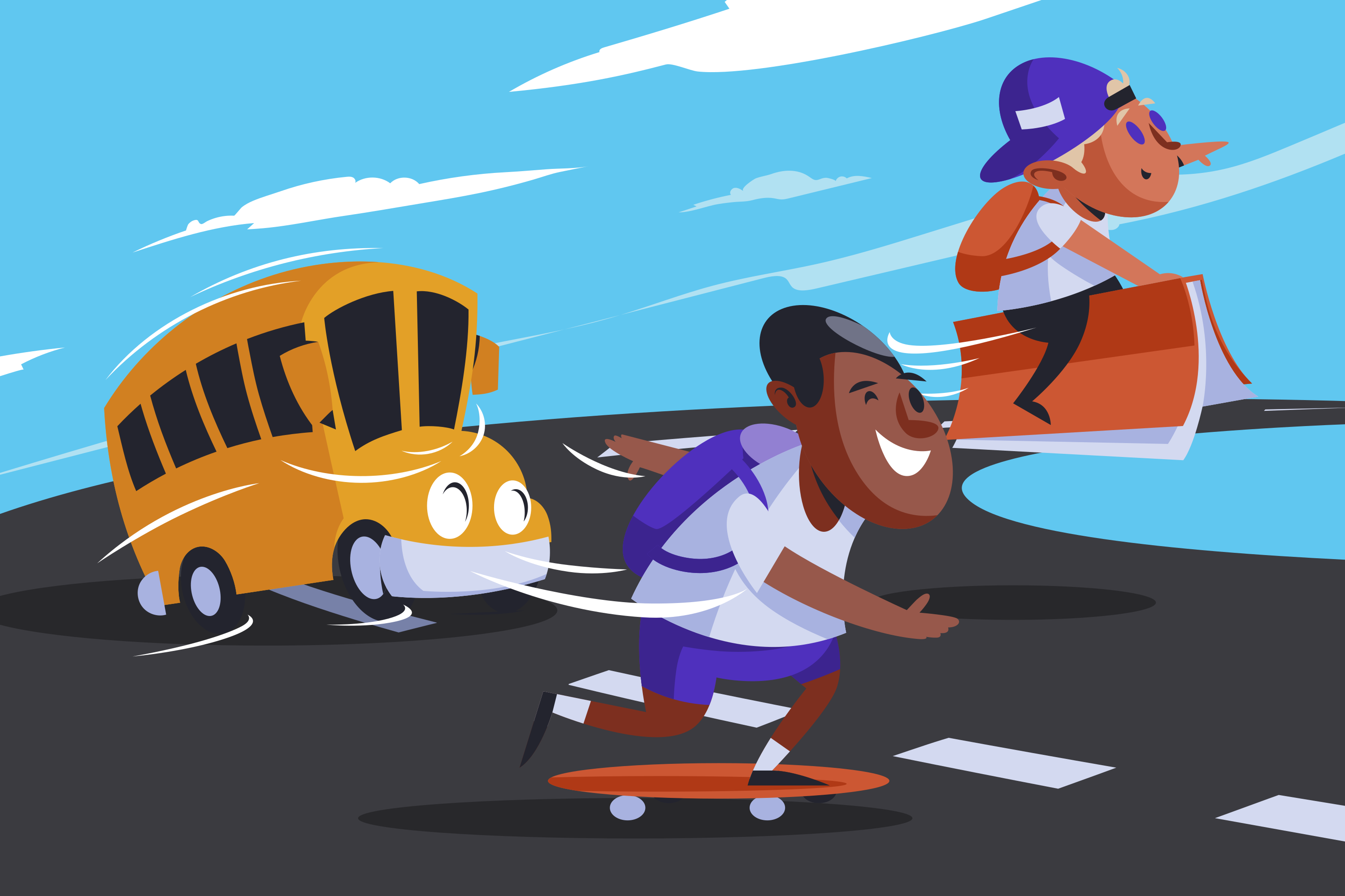 ¡Los niños corren para tomar un autobús escolar! vector – Imagen de ...