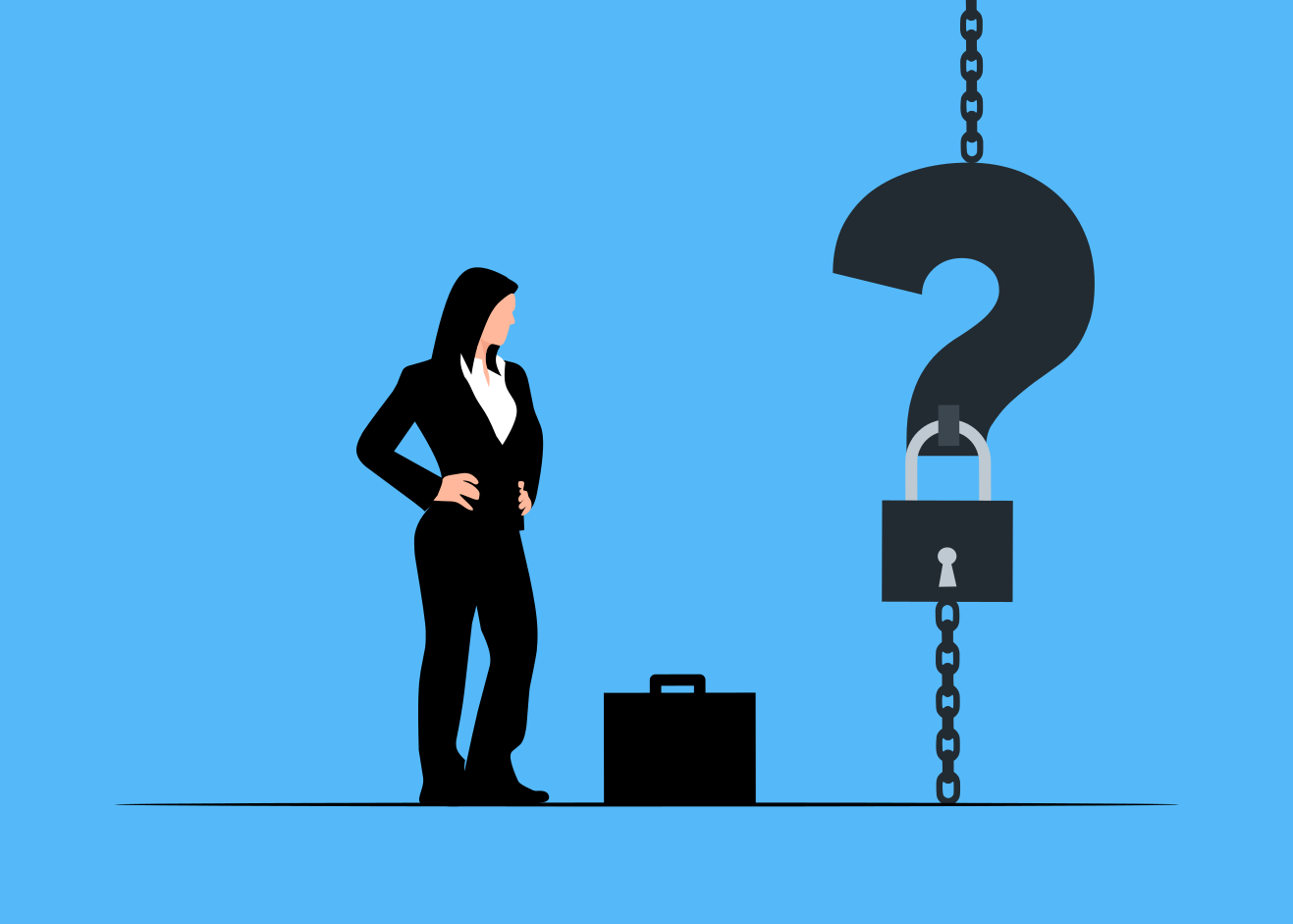 Woman stares at a question mark, locked. vector – Free Cartoon Image on ...