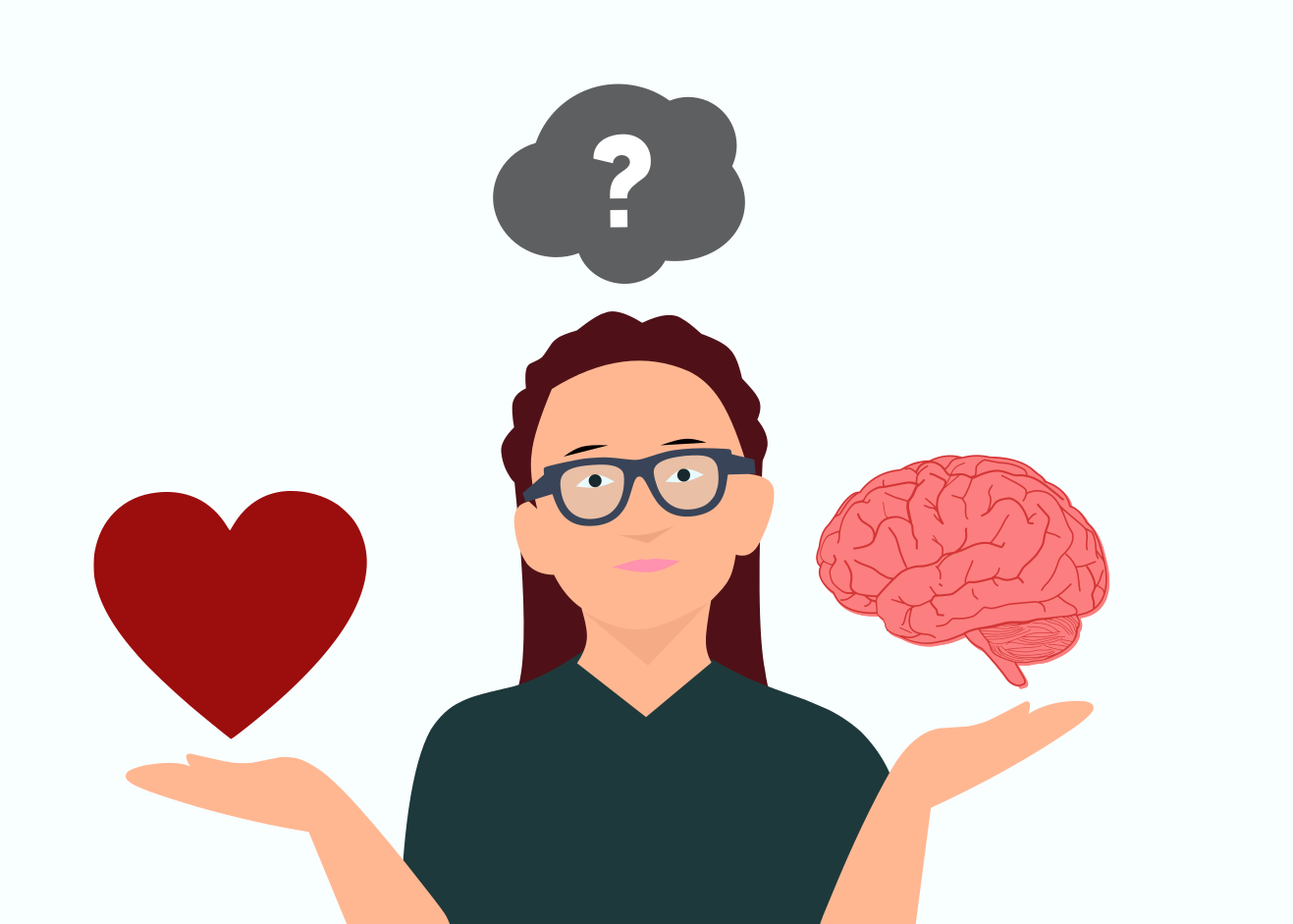 Woman struggles to choose between heart, brain, and thoughts. vector ...