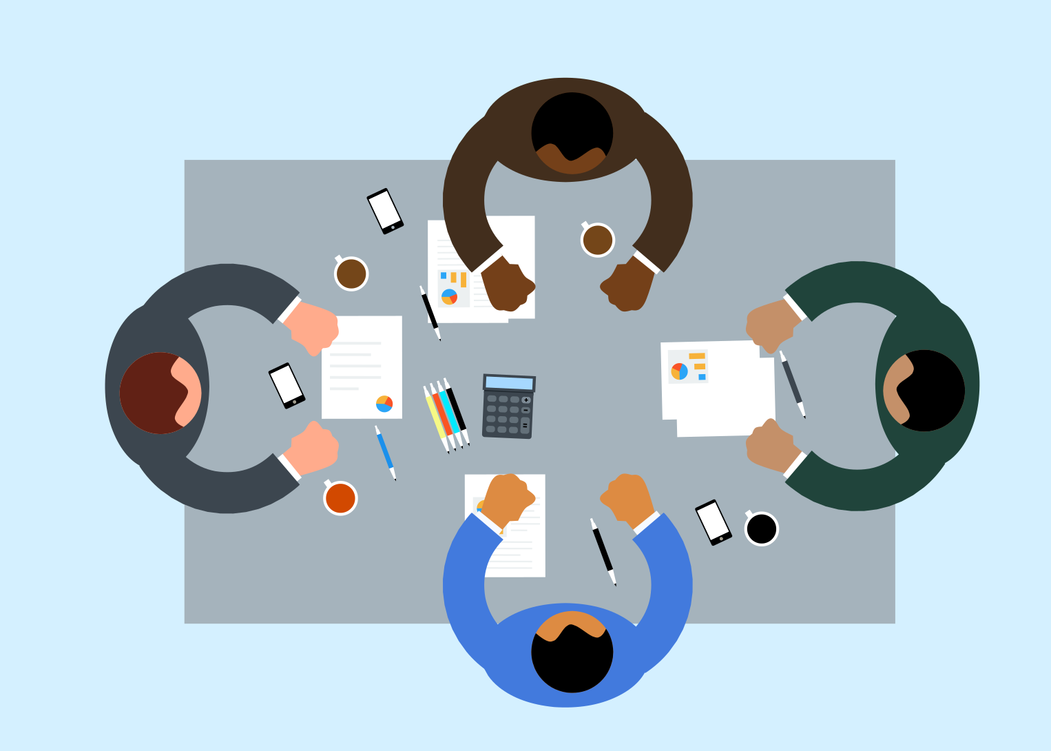 Four people sit at a table in a business meeting. vector – Free Office ...