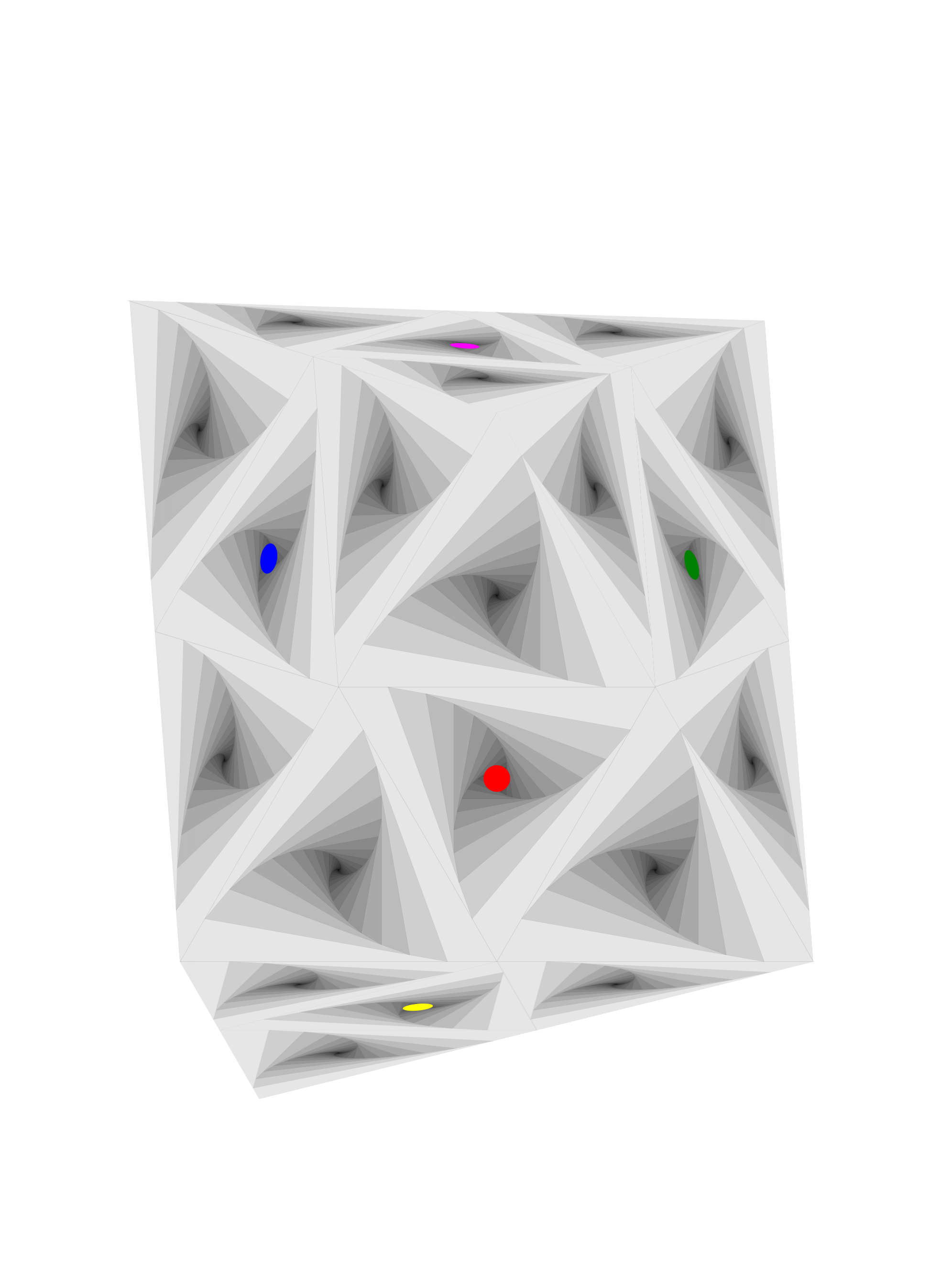 Un cubo contiene triángulos en espiral y puntos de colores. vector ...