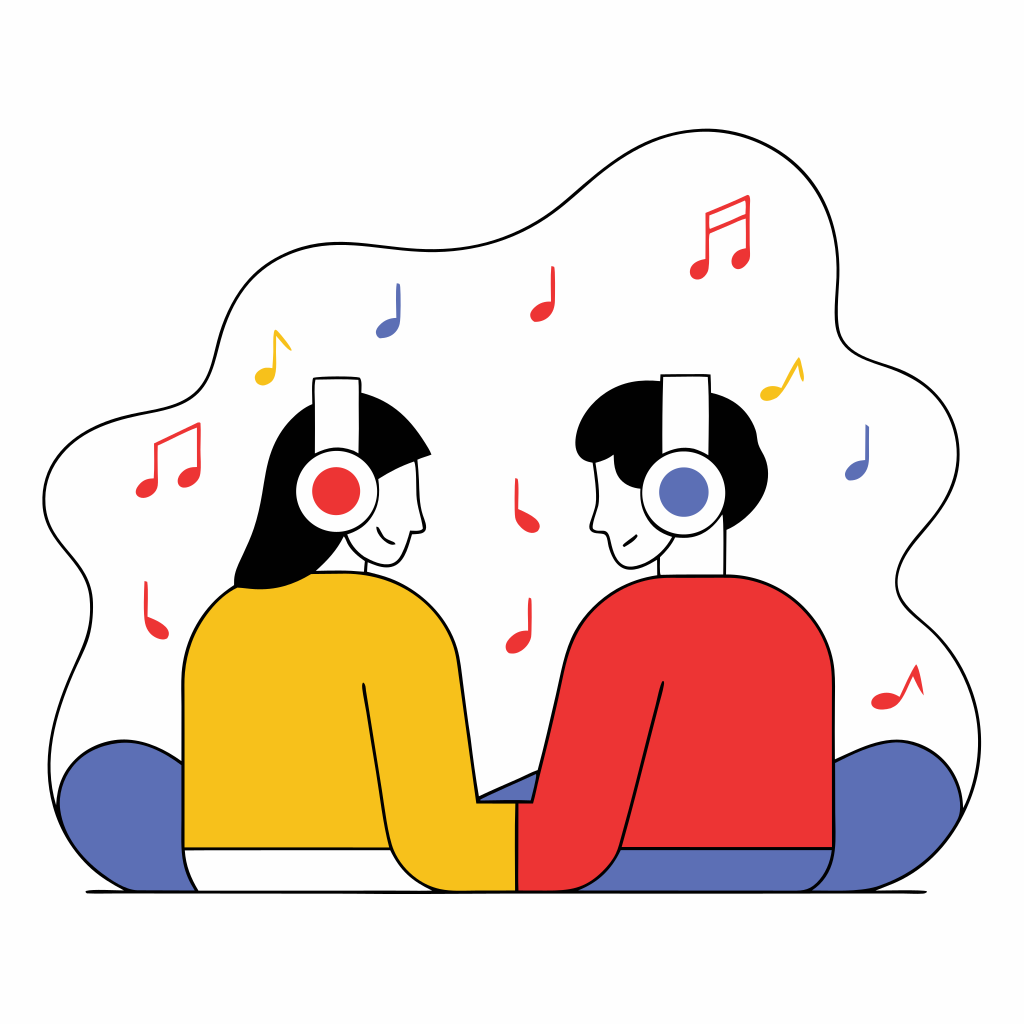 Two people enjoy music together, listening with headphones. vector ...