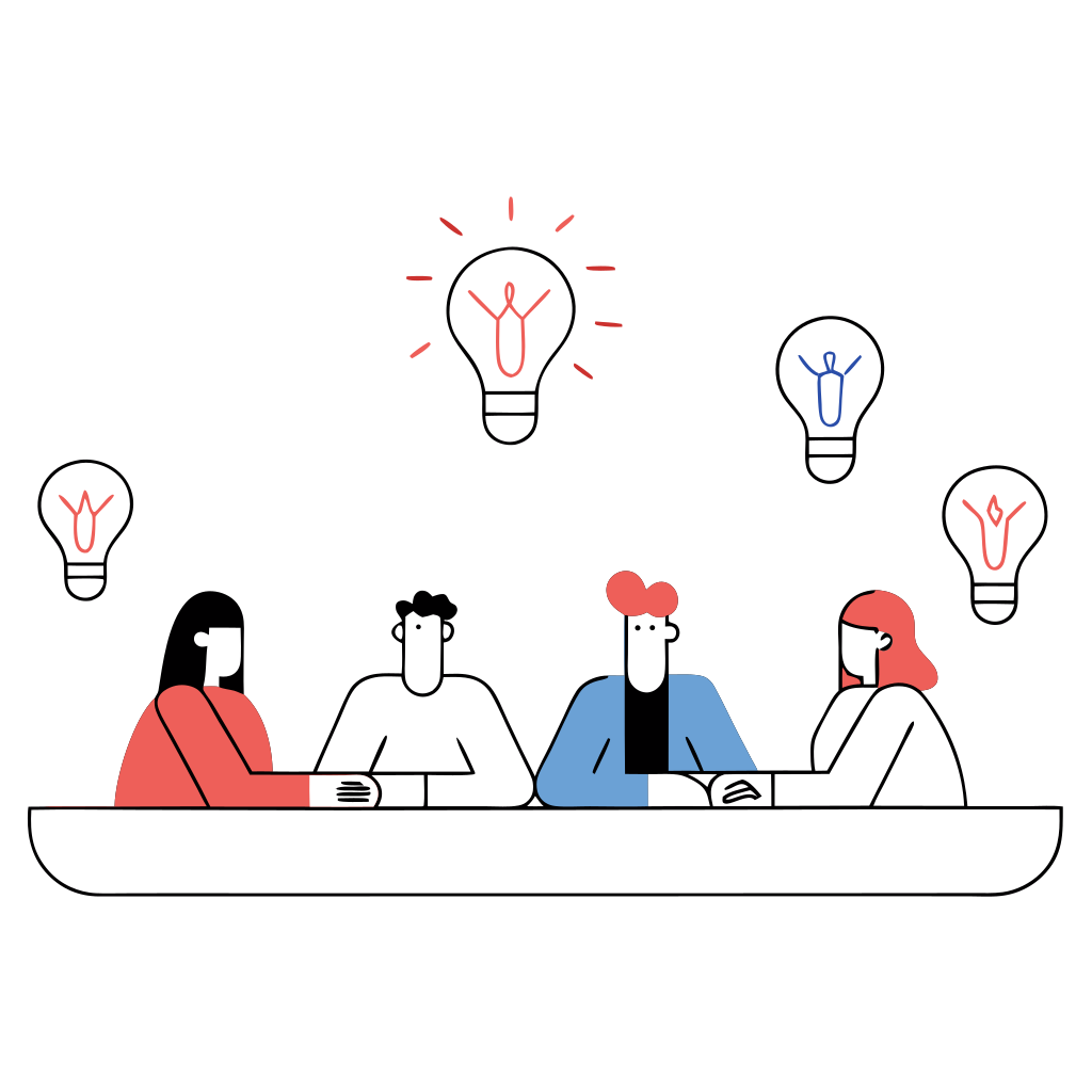 Teamwork: four people brainstorming ideas together. vector – Free ...