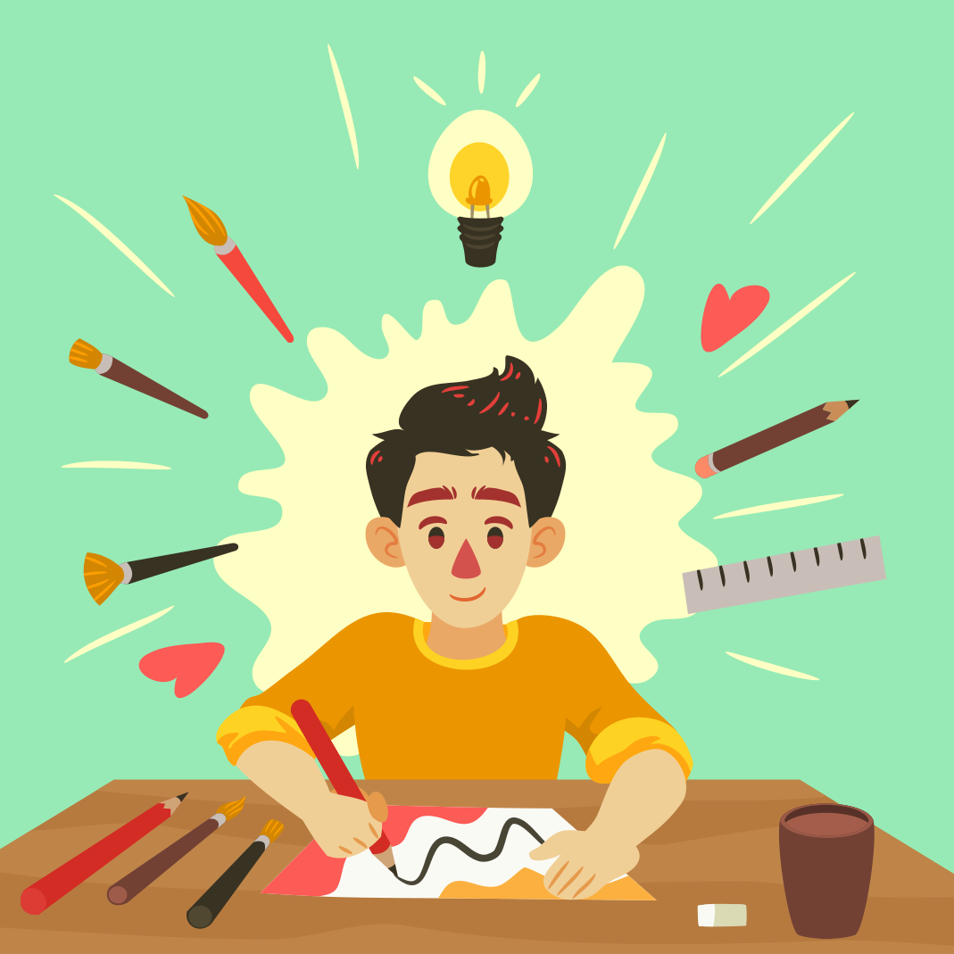 Vektor Seorang seniman muda yang menciptakan seni dengan sebuah ide ...