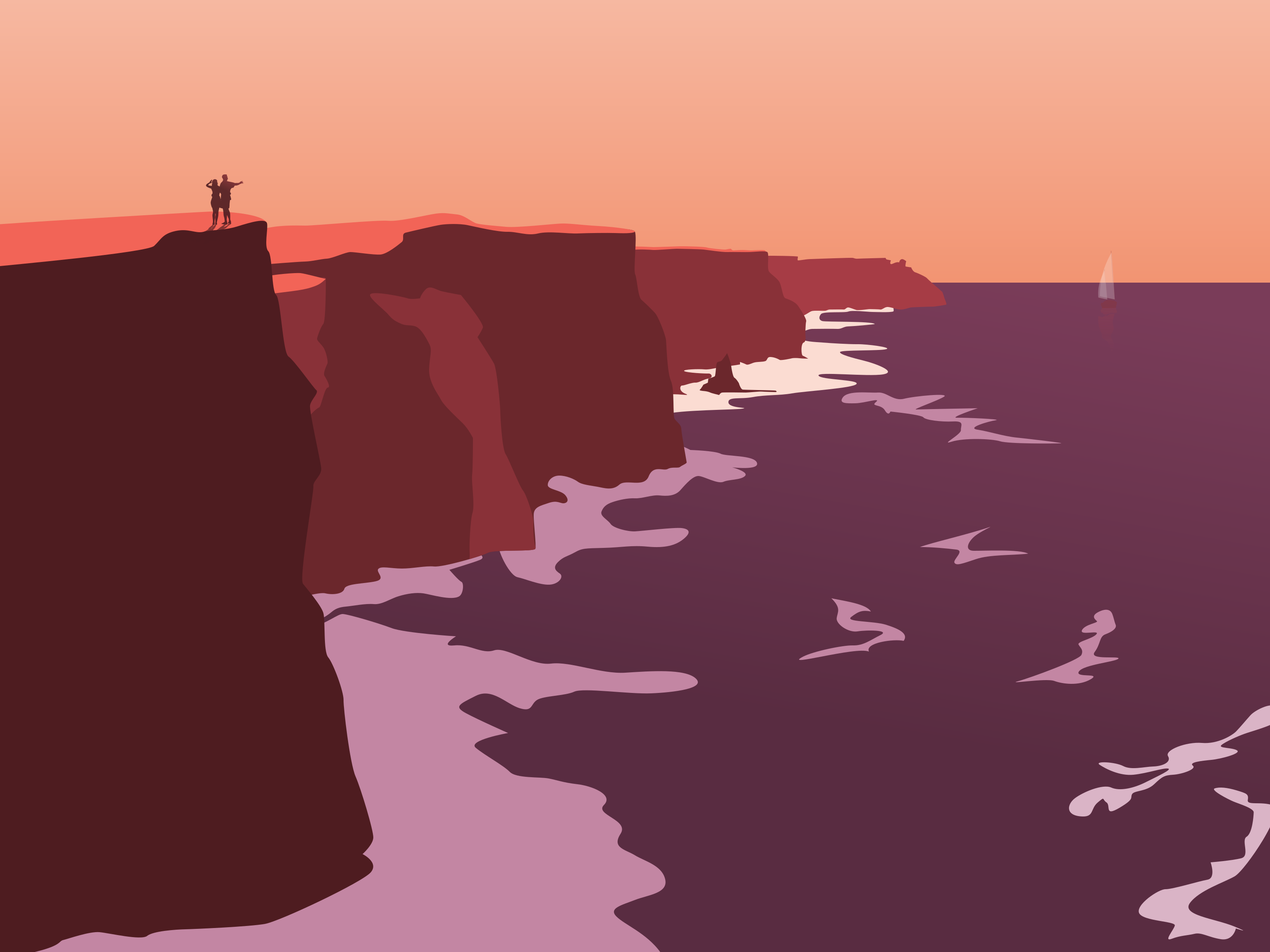 Vektor Pasangan menikmati pemandangan matahari terbenam dari tebing ...