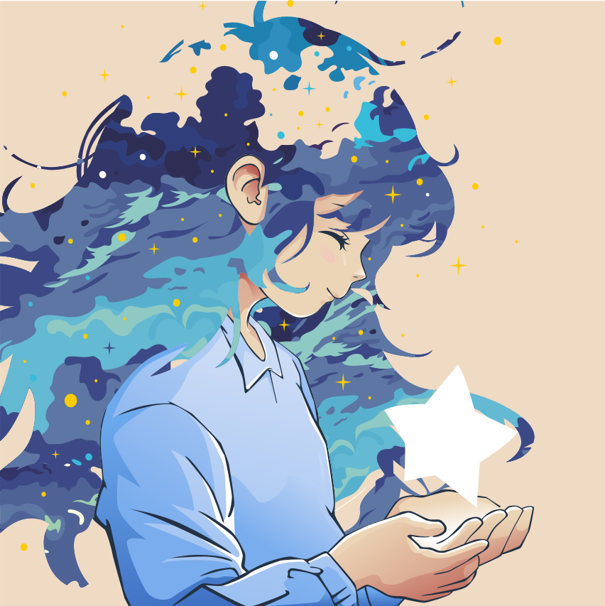 Girl with starry hair and a glowing star. vector – Free Anime Image on ...