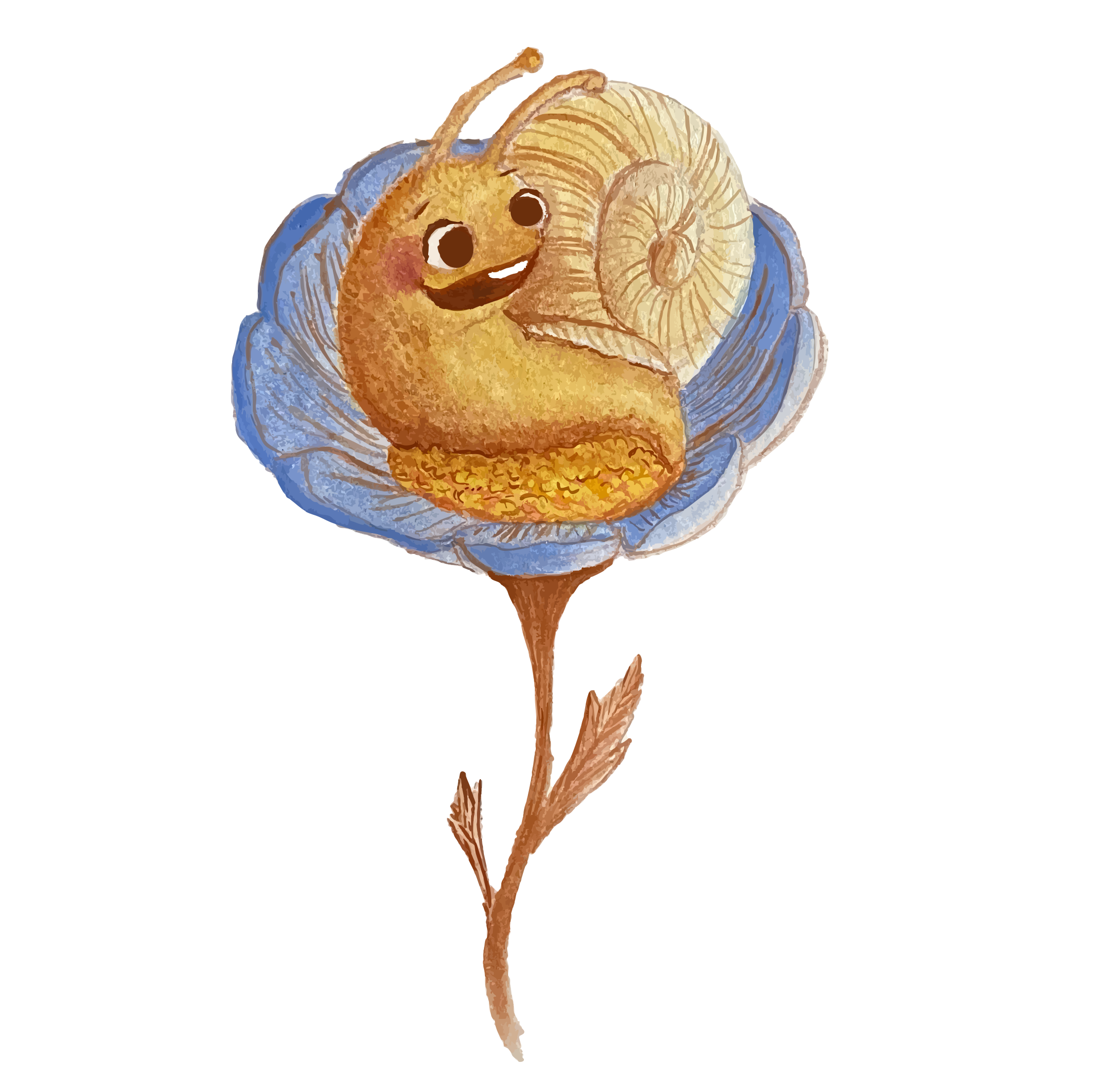 Un caracol sonriente descansa sobre una flor azul. vector – Imagen ...