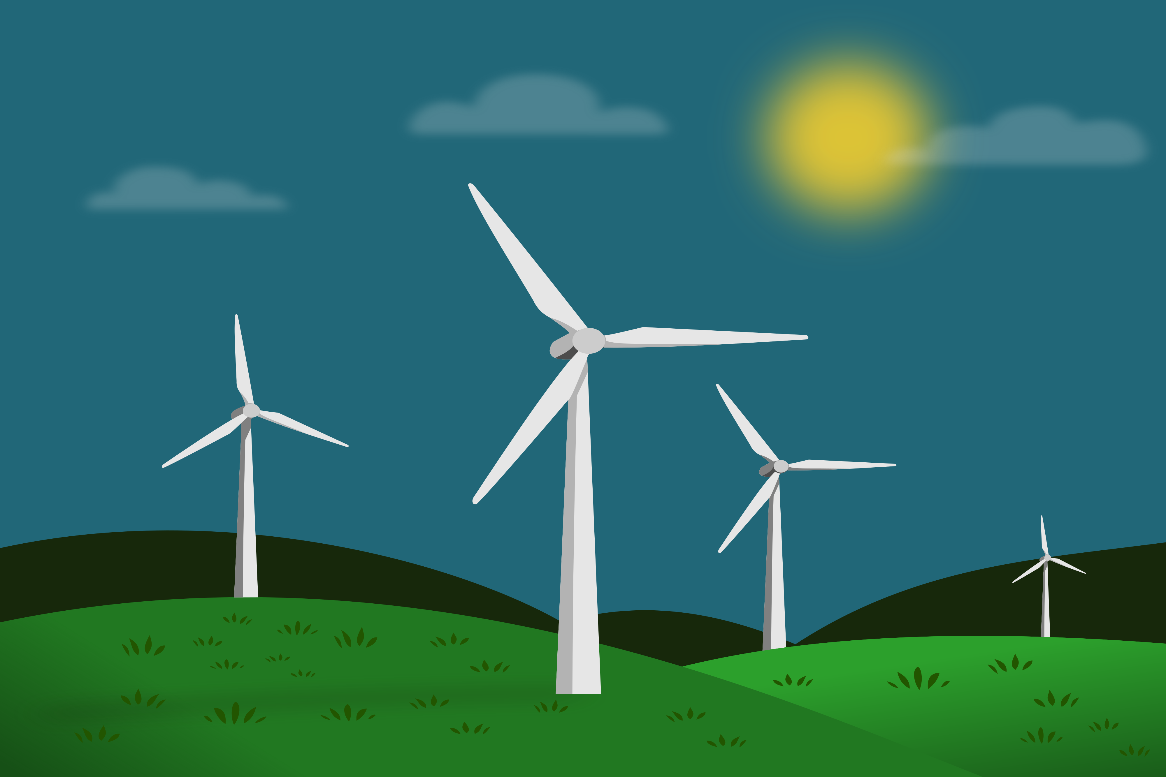 Vektor Turbin angin menghasilkan energi bersih di lanskap. – Gambar ...