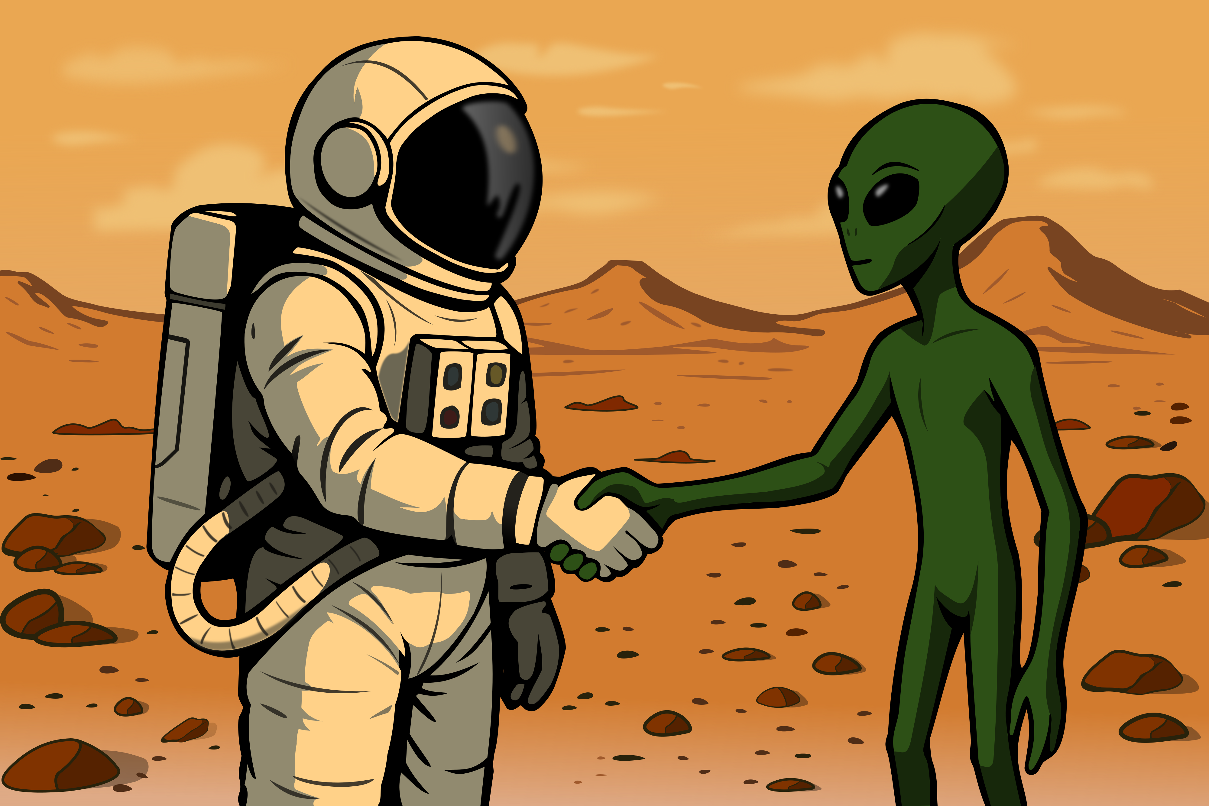 Astronaut and alien shake hands on a new planet. vector – Free ...