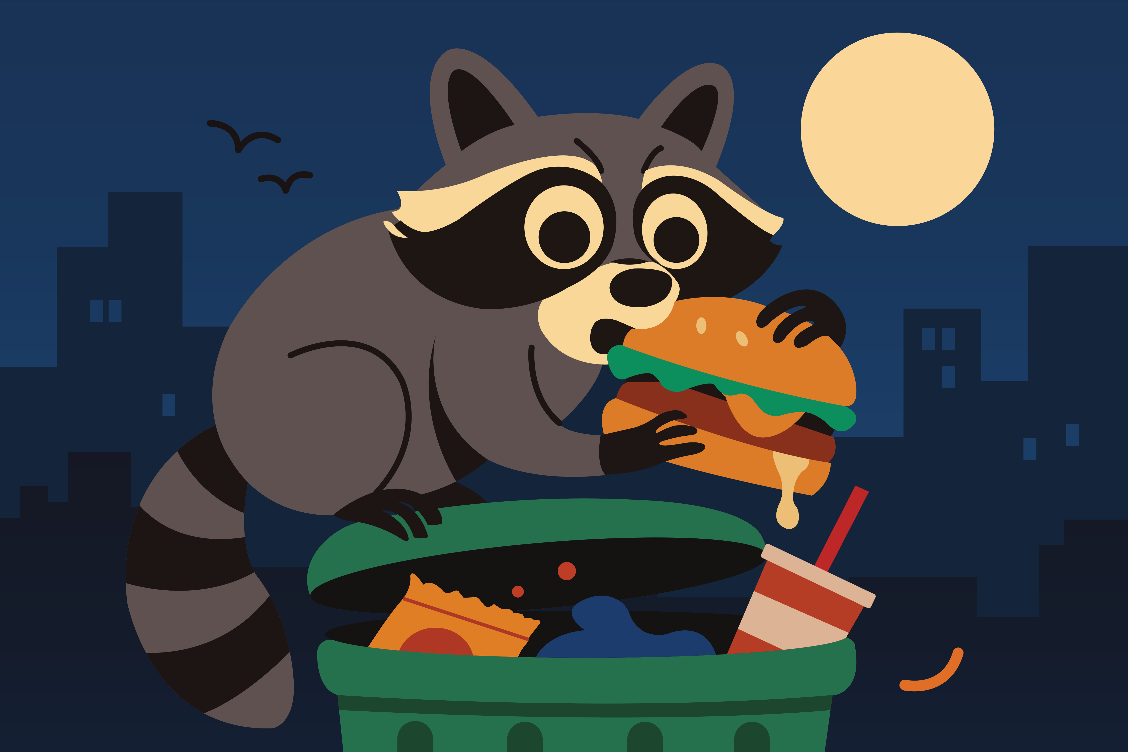 A raccoon feasts on a burger from the trash. vector – Free Image on ...