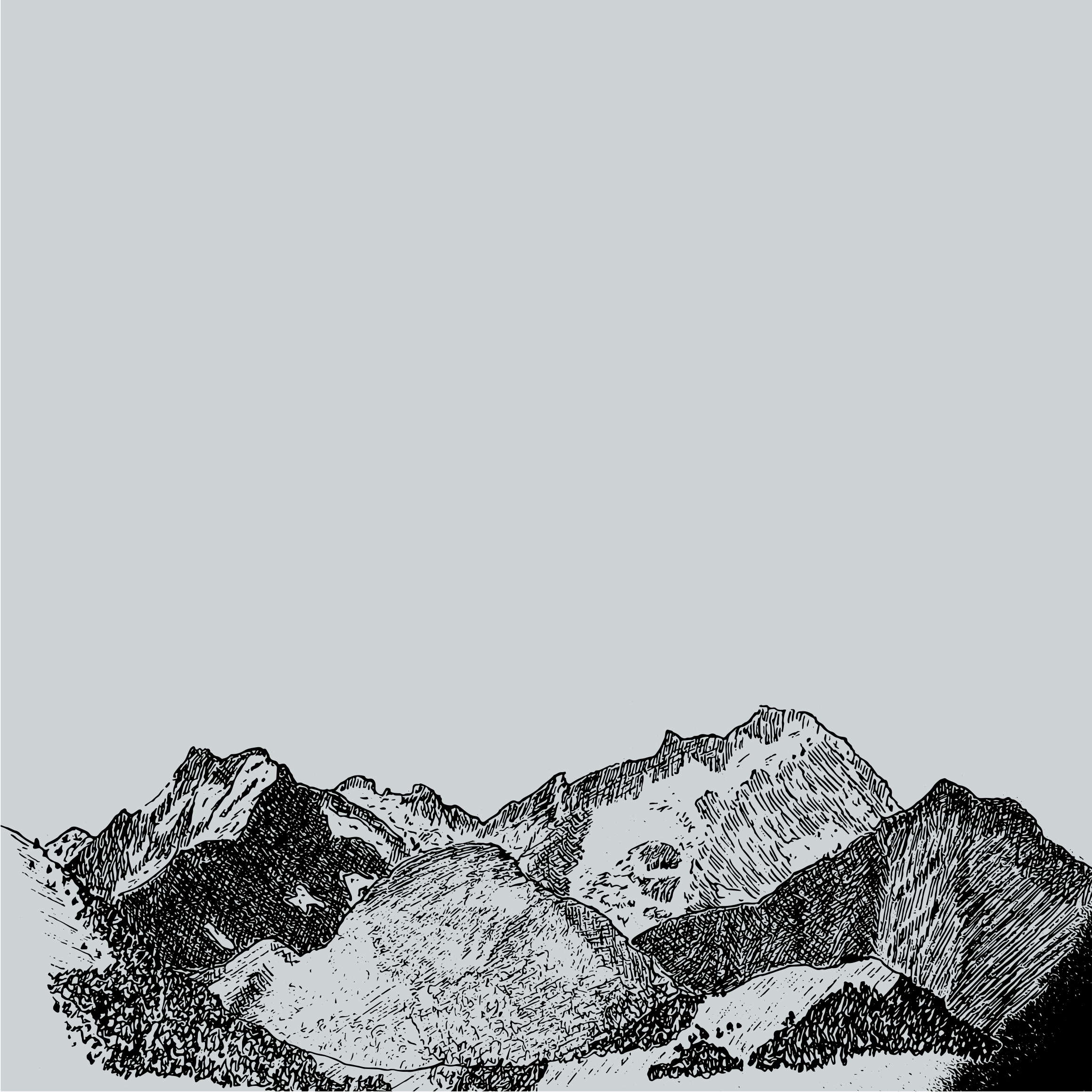 Here's a caption: mountains are illustrated in this black and white art ...