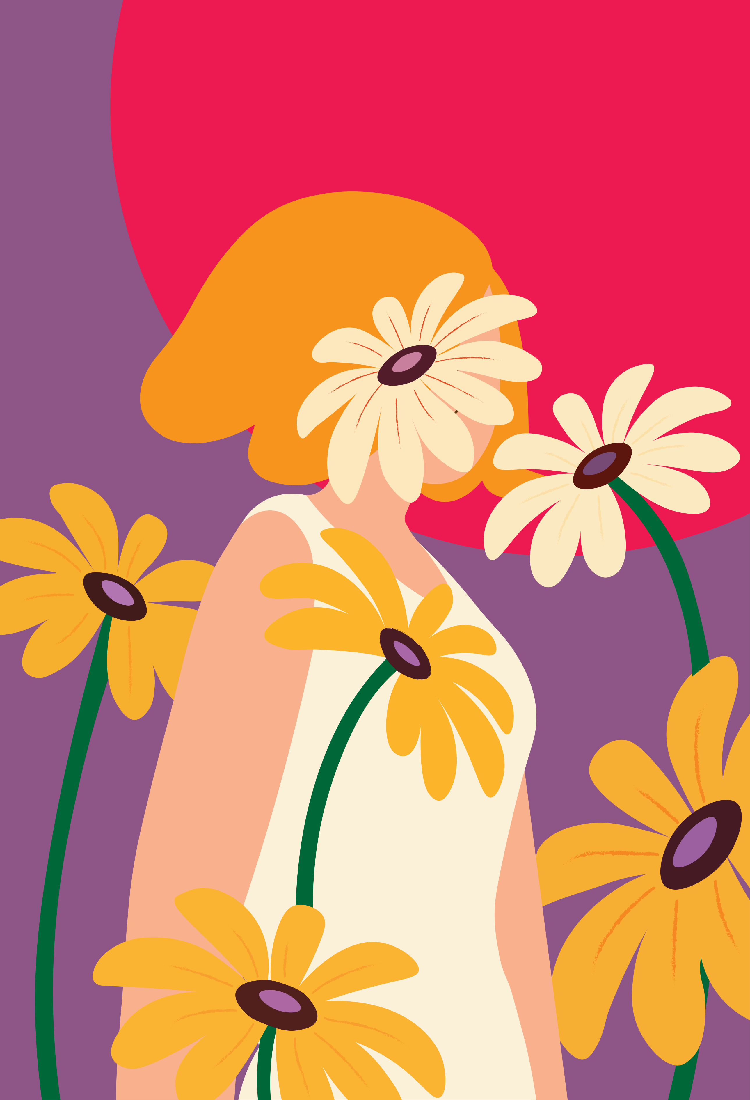 A woman is surrounded by giant flowers. vector – Free Pink background ...