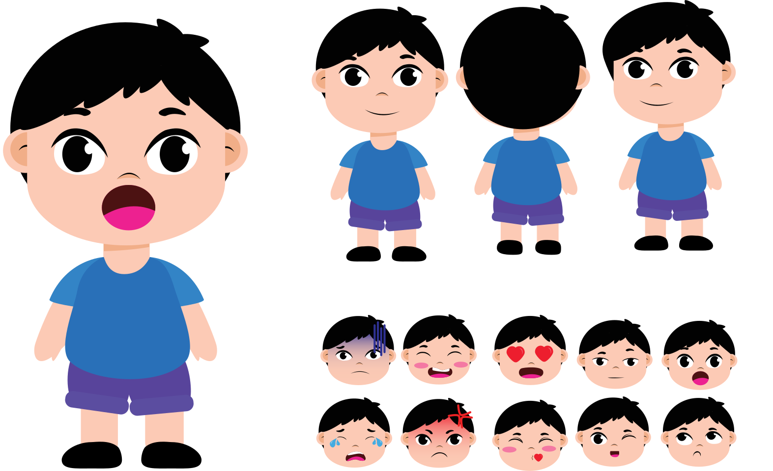 A cartoon boy with different views and emotions. vector – Free ...