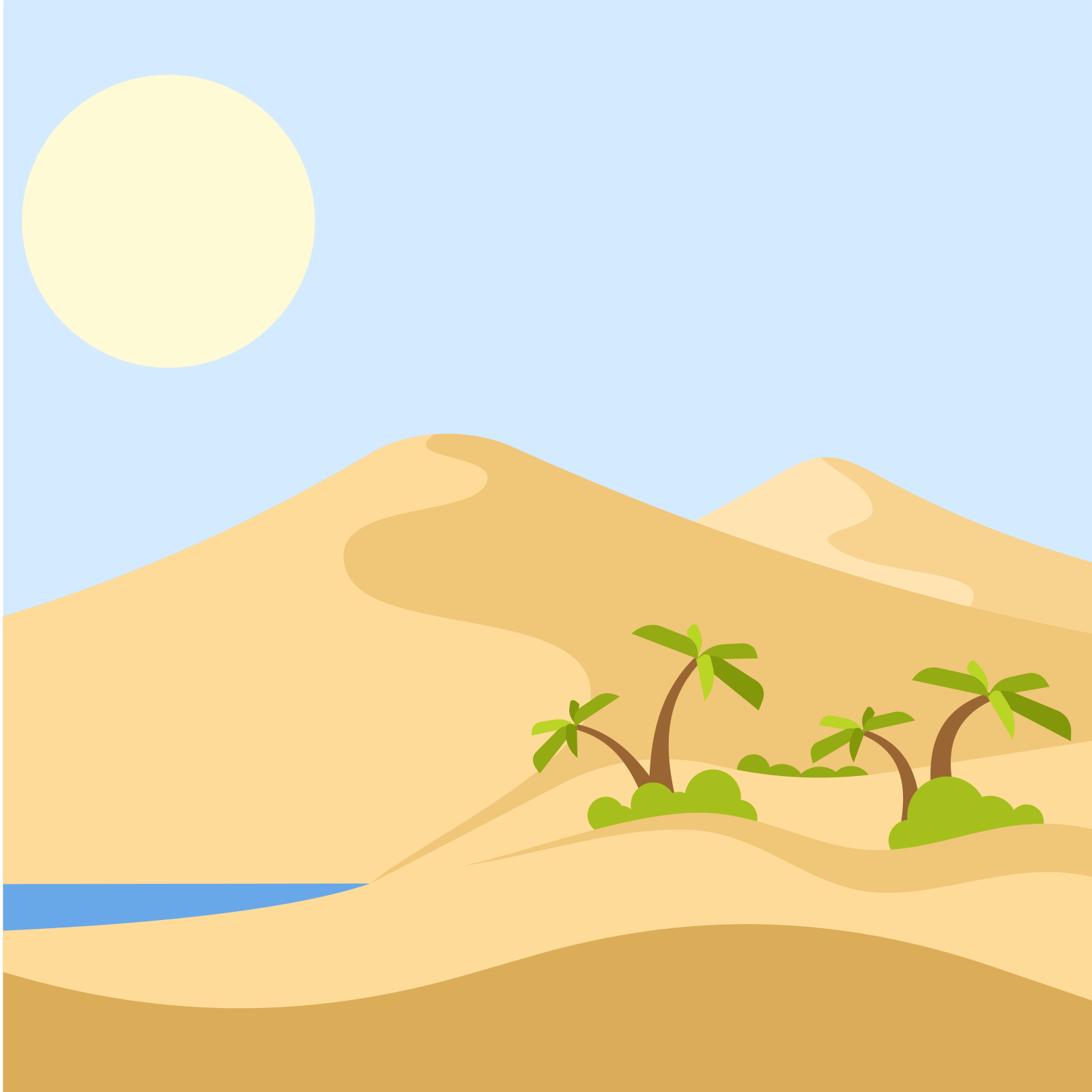 Desert landscape with dunes, sun, and palm trees. vector – Free Hot ...