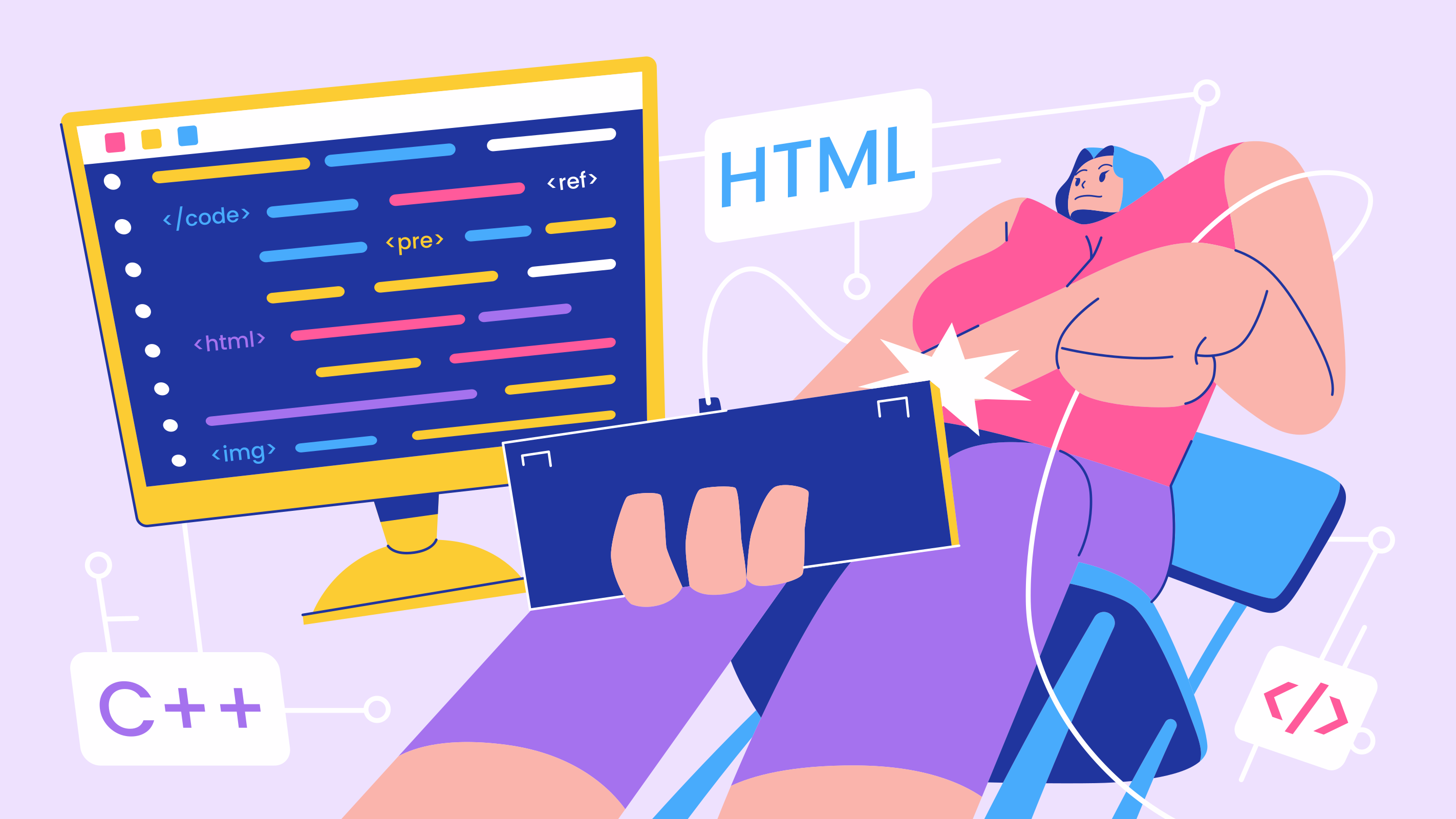 Programmer codes with a monitor, laptop, and different languages ...