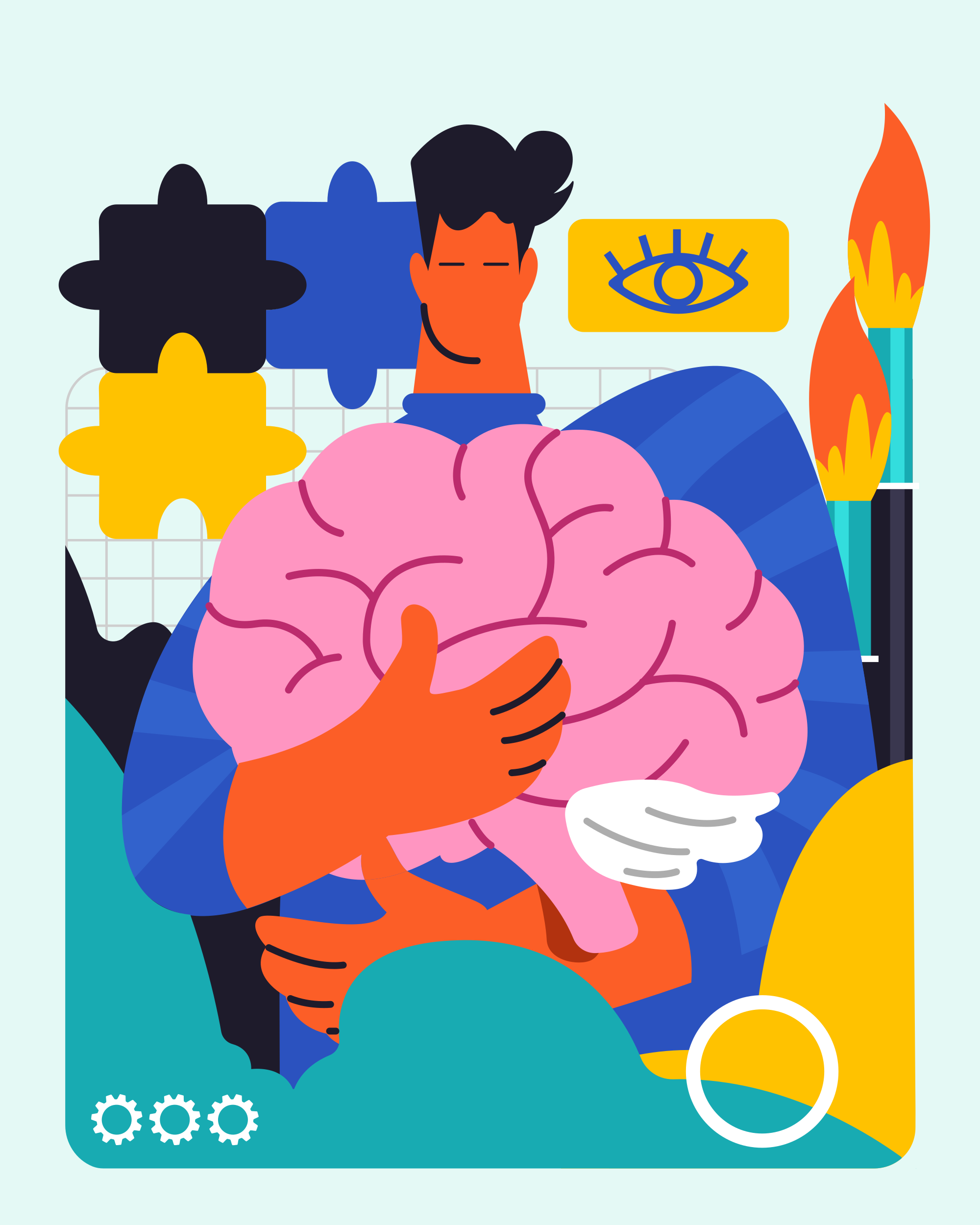Man hugs a brain with related visual metaphors. vector – Free Abstract ...